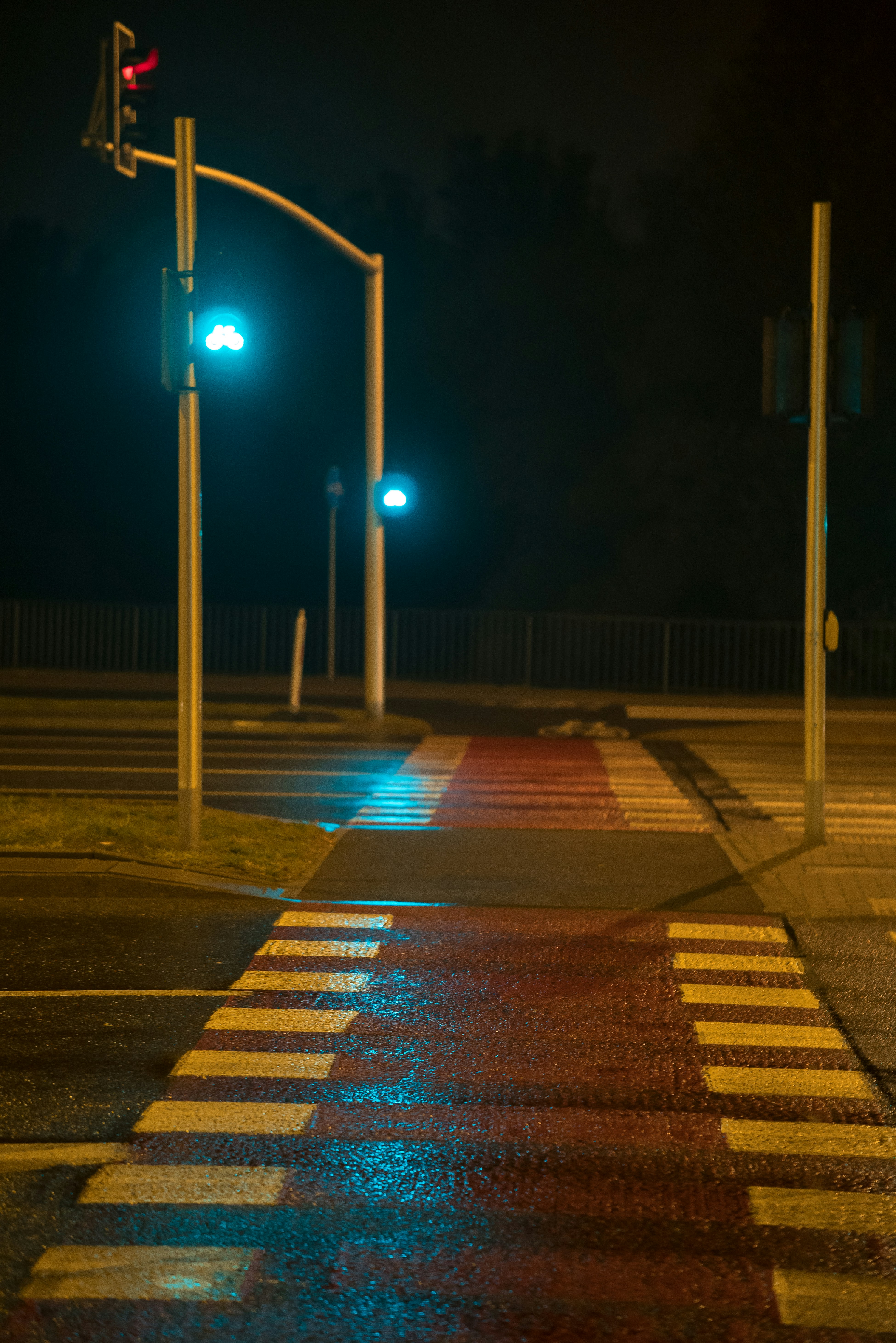 Blue Echoes on a Rain-Washed Crosswalk Under Night Streetlights