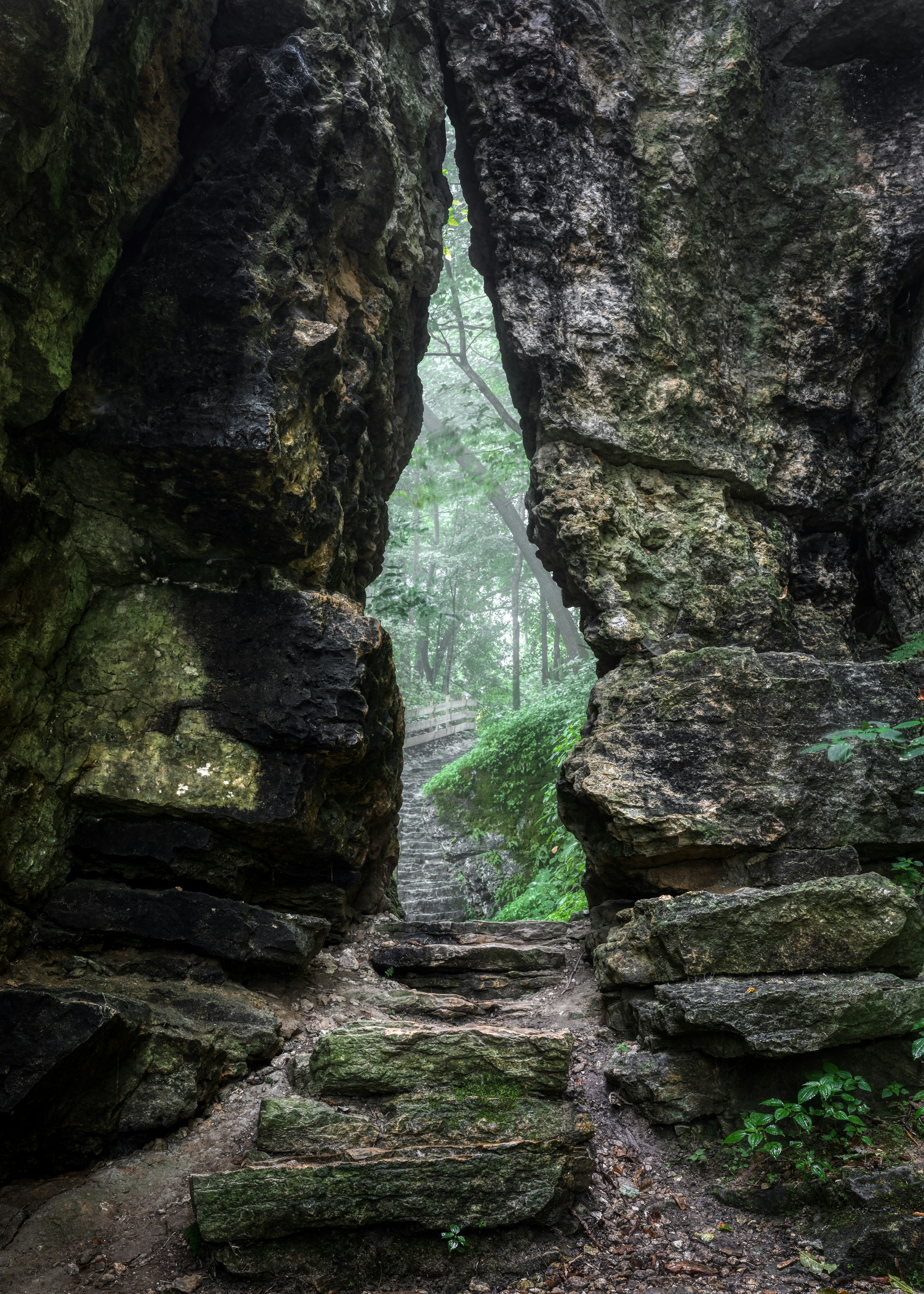 A rocky path with moss growing between two large rocks photo – Free ...