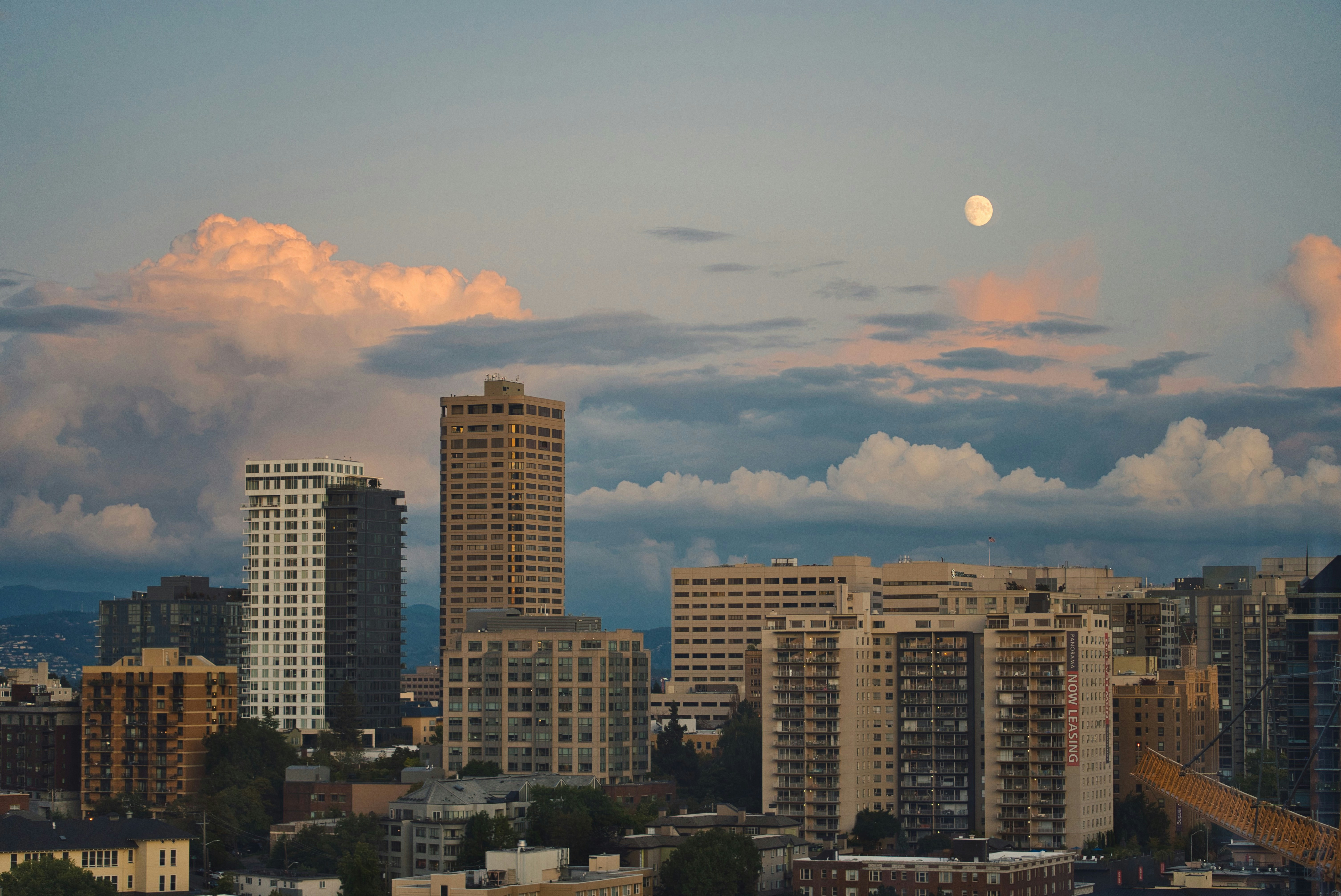 Moonlit Skyline Over a Cluster of Urban Towers