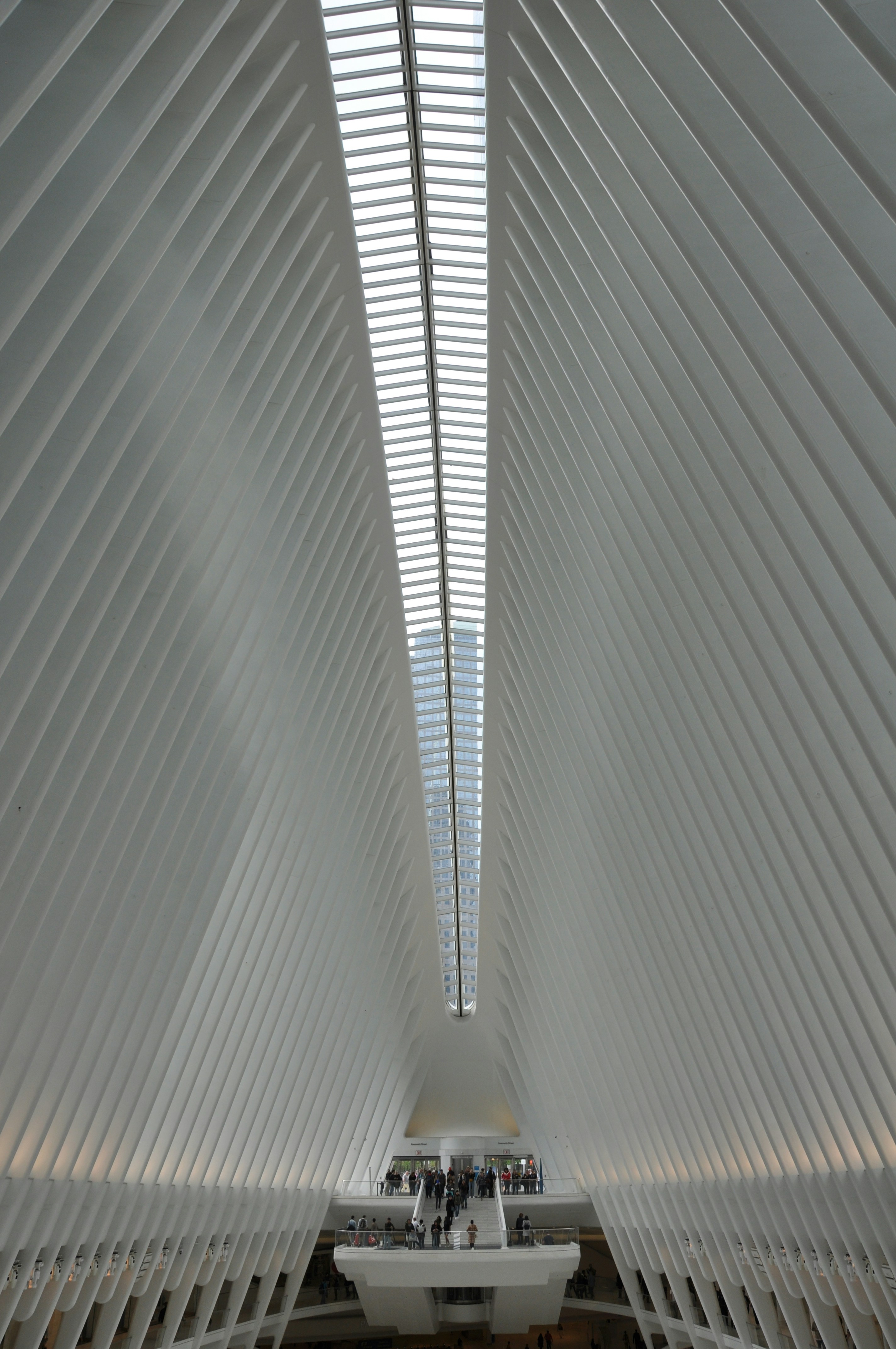 Interior view of a modern architectural space featuring striking white beams and a skylight, creating a dynamic interplay of light and shadow.
