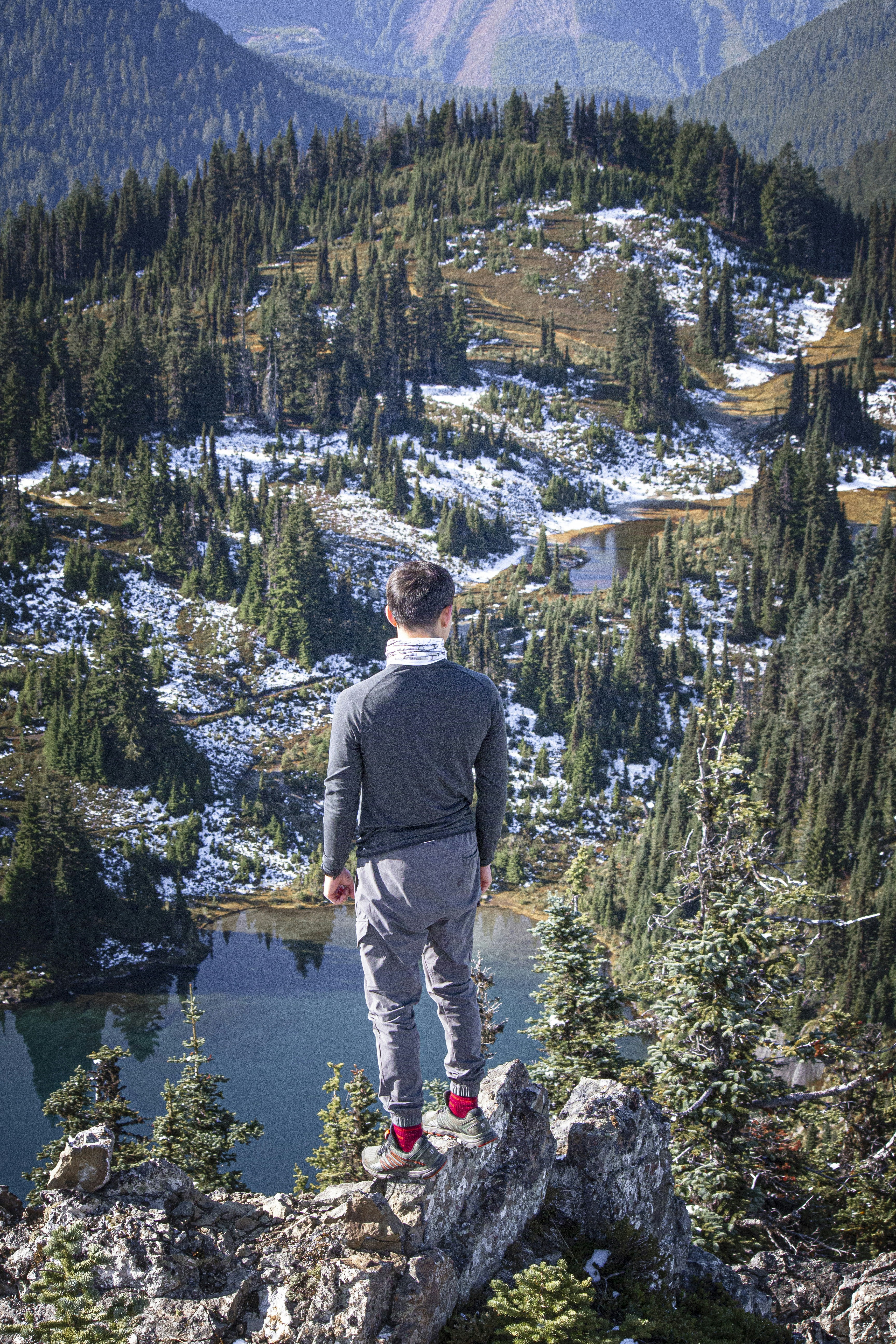 Man wearing gray long-sleeved shirt standing on rock across green trees ...