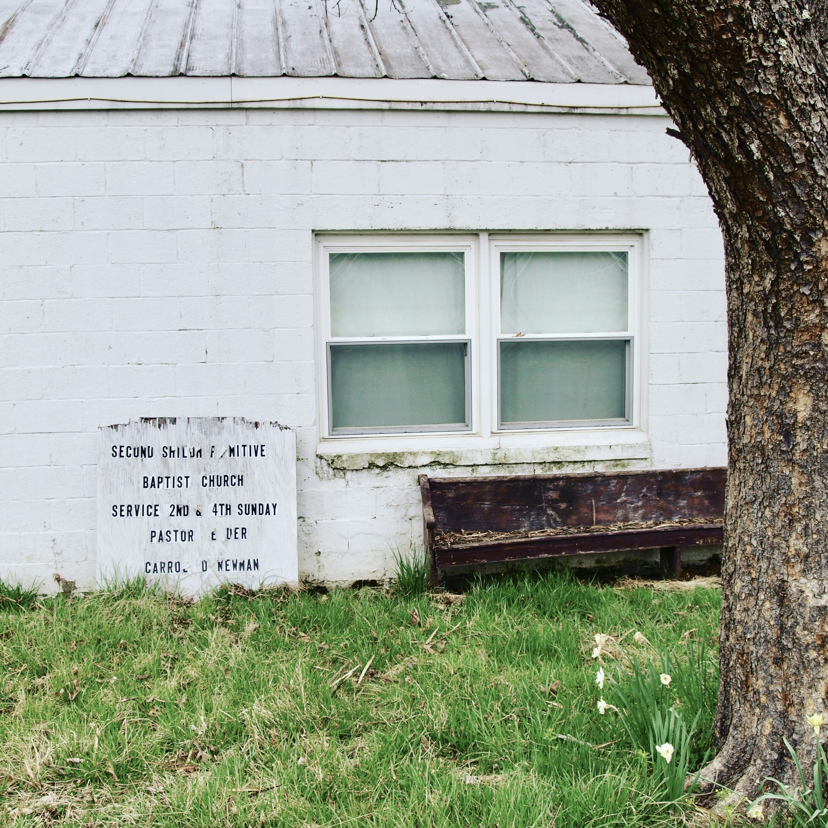 Weathered church sign and pew beside a white brick wall with a tree in the foreground.