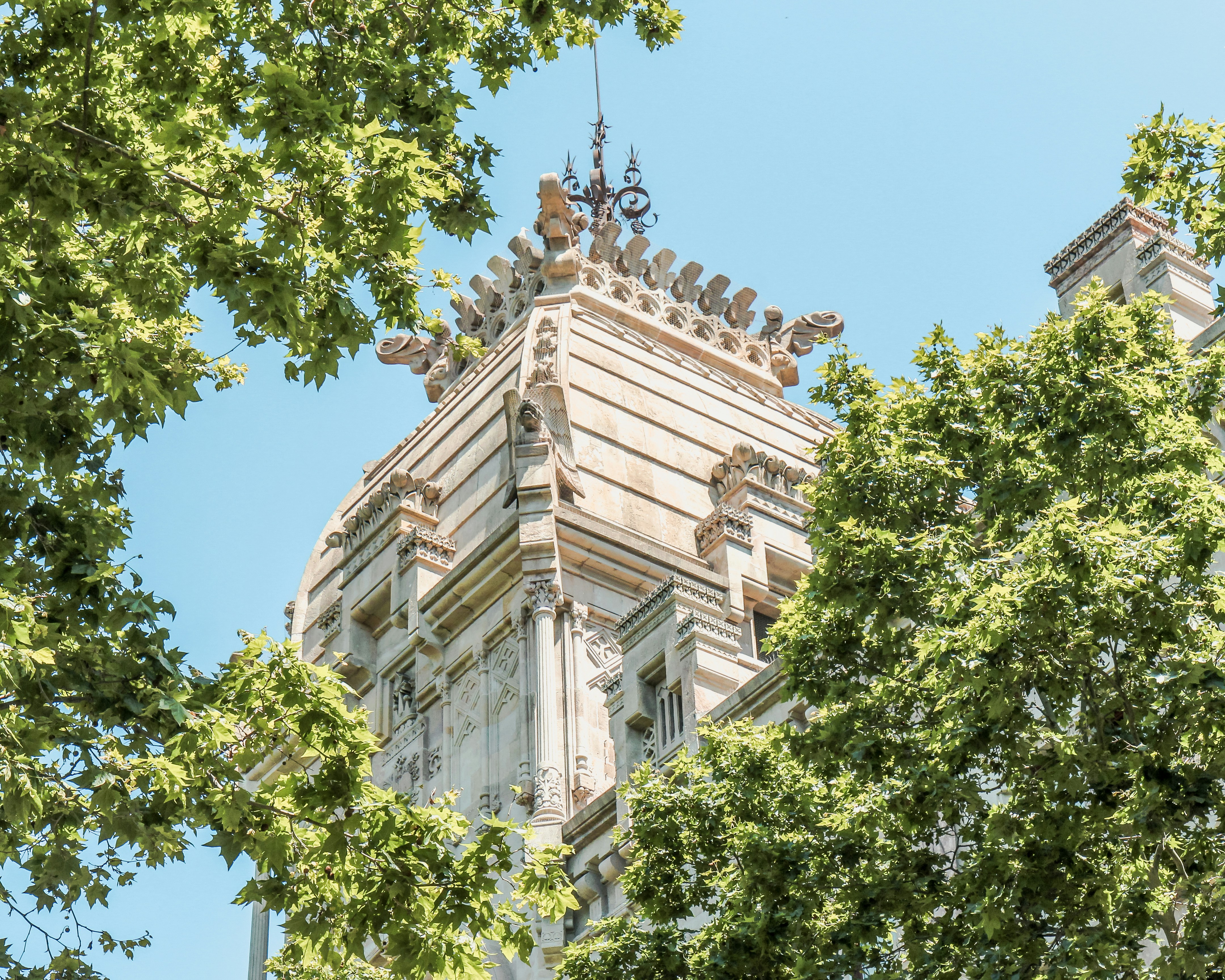 The image features a stunning architectural structure, adorned with intricate carvings and classical details, framed by vibrant green foliage. The bright daylight casts a warm glow, highlighting the beige tones of the building against a clear blue sky. This composition creates a harmonious blend of natural and man-made beauty, making the image visually striking and serene.