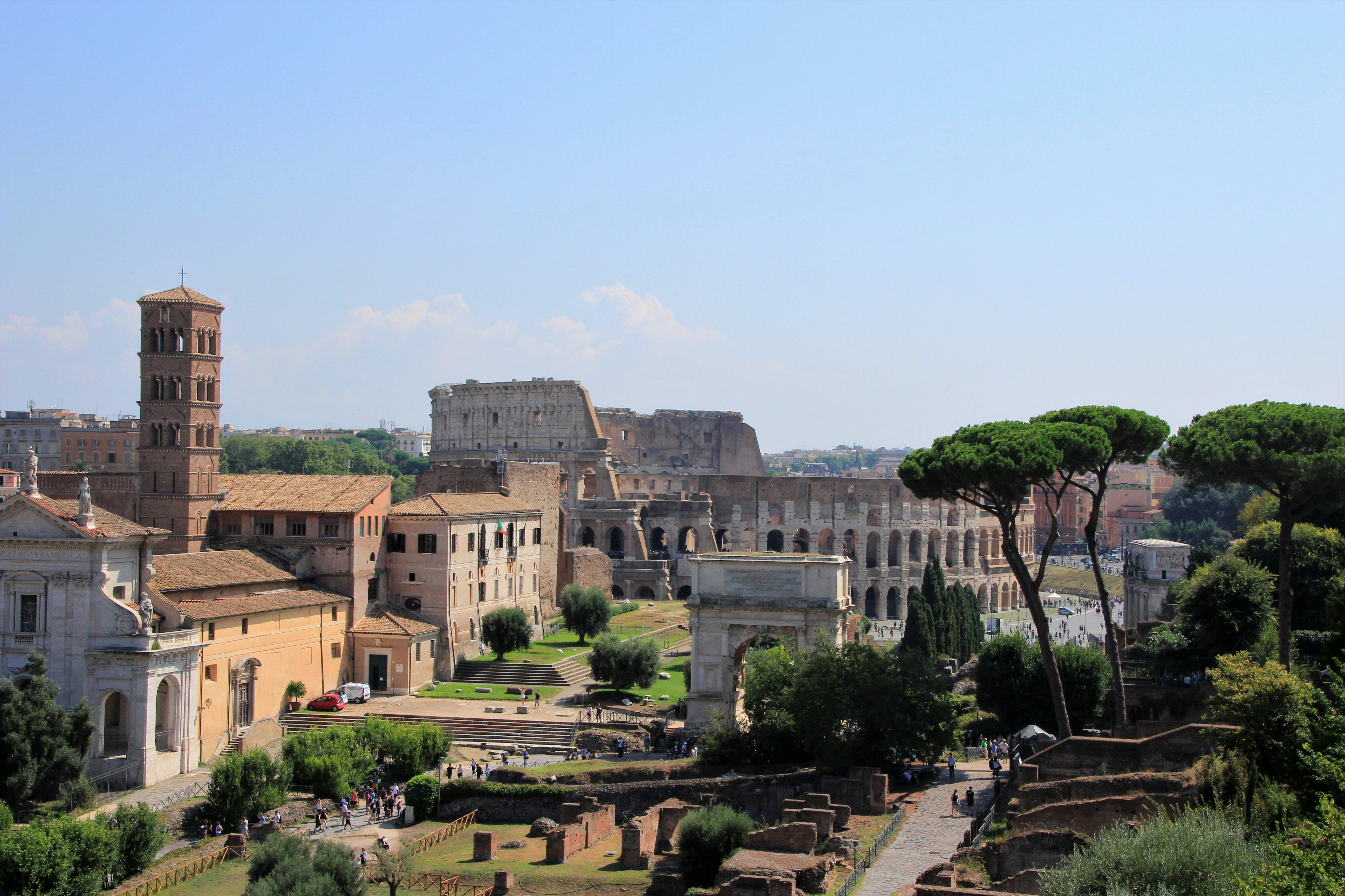 View of the Colosseum framed by lush greenery and historic architecture under a clear blue sky.