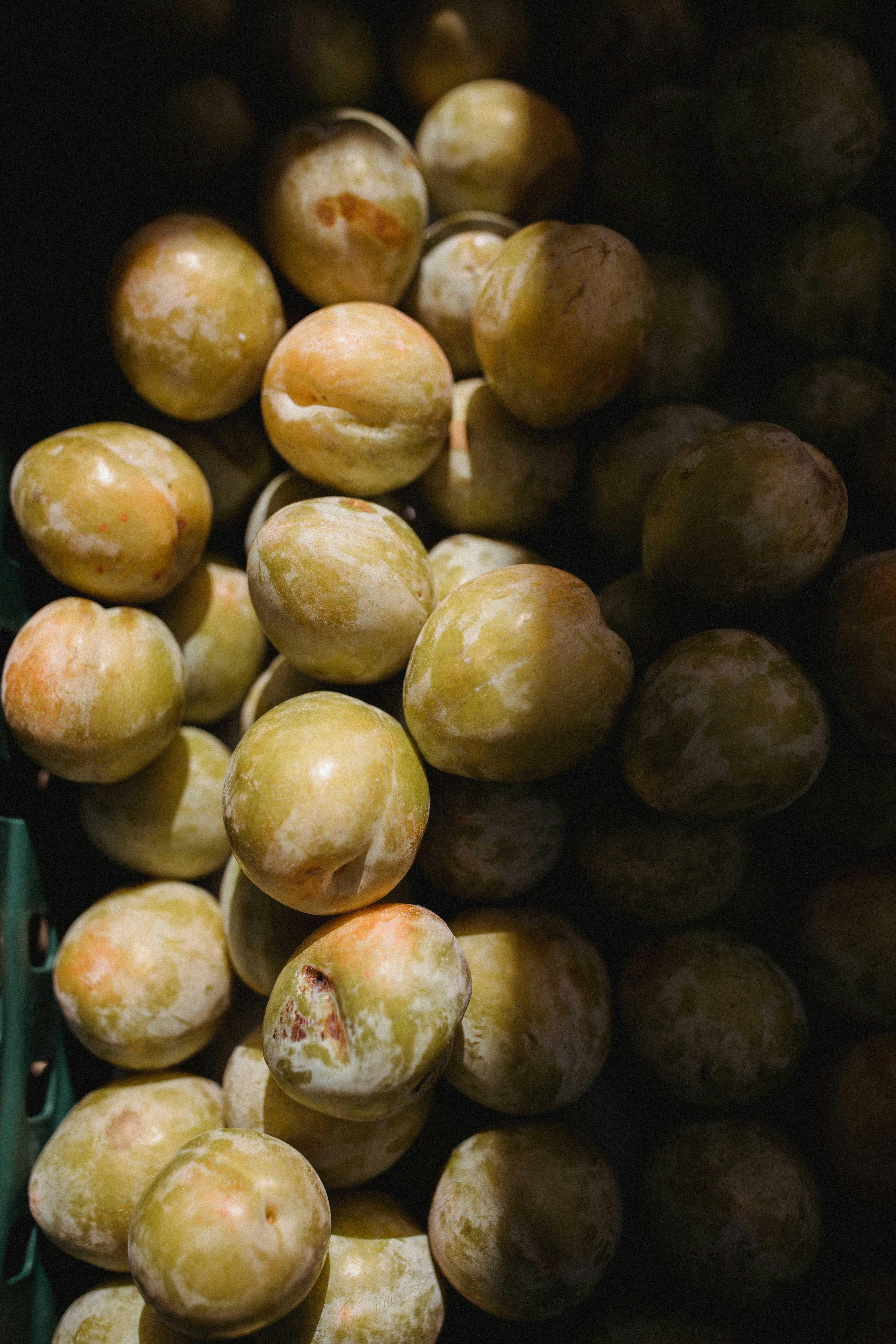 Golden-peachy Orbs in a Shadowed Bins: A Quiet Display of Overripe Harvest