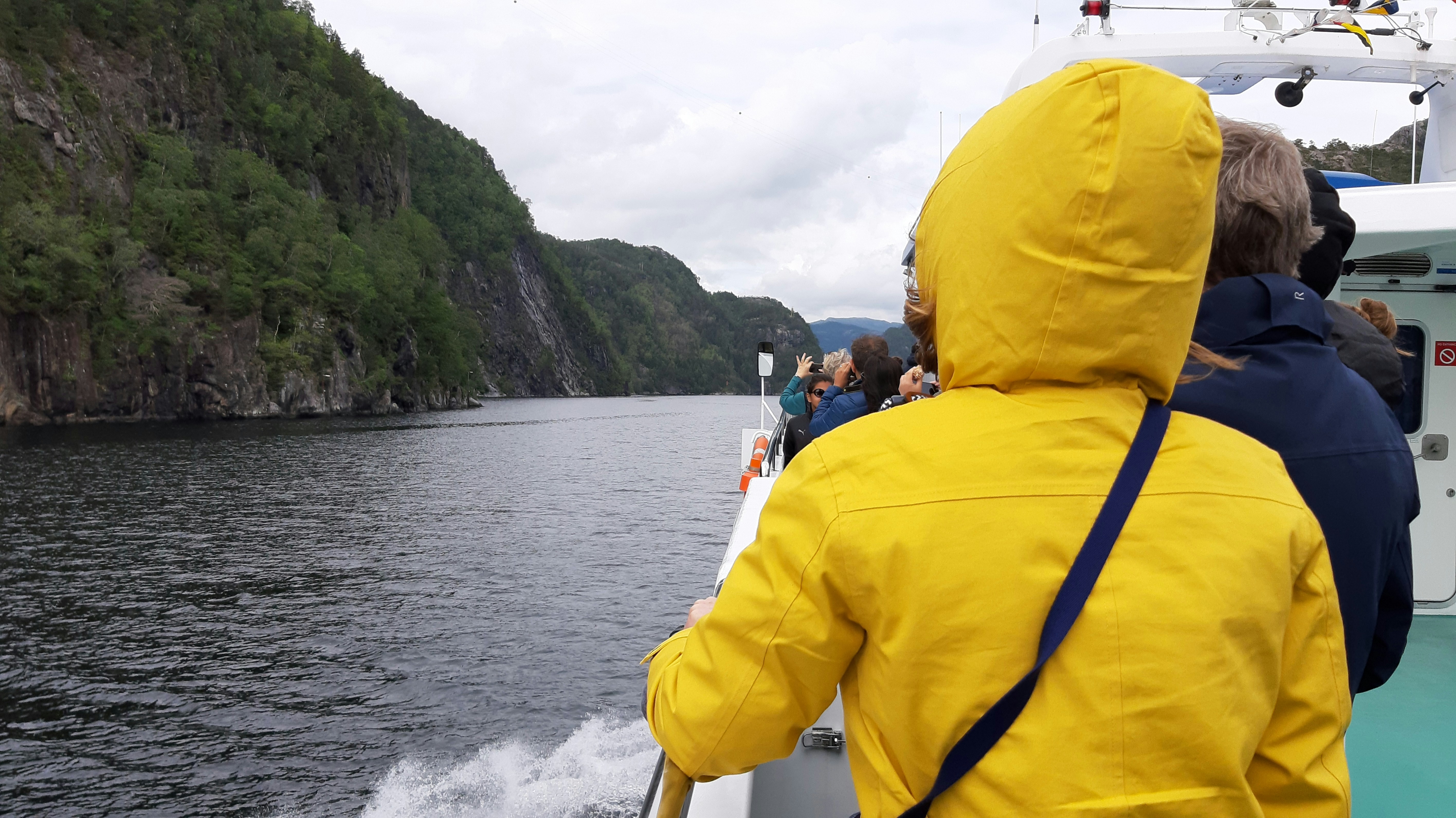 Yellow-Jacket Passenger Overlooking a Fjord During a Coastal Boat Ride