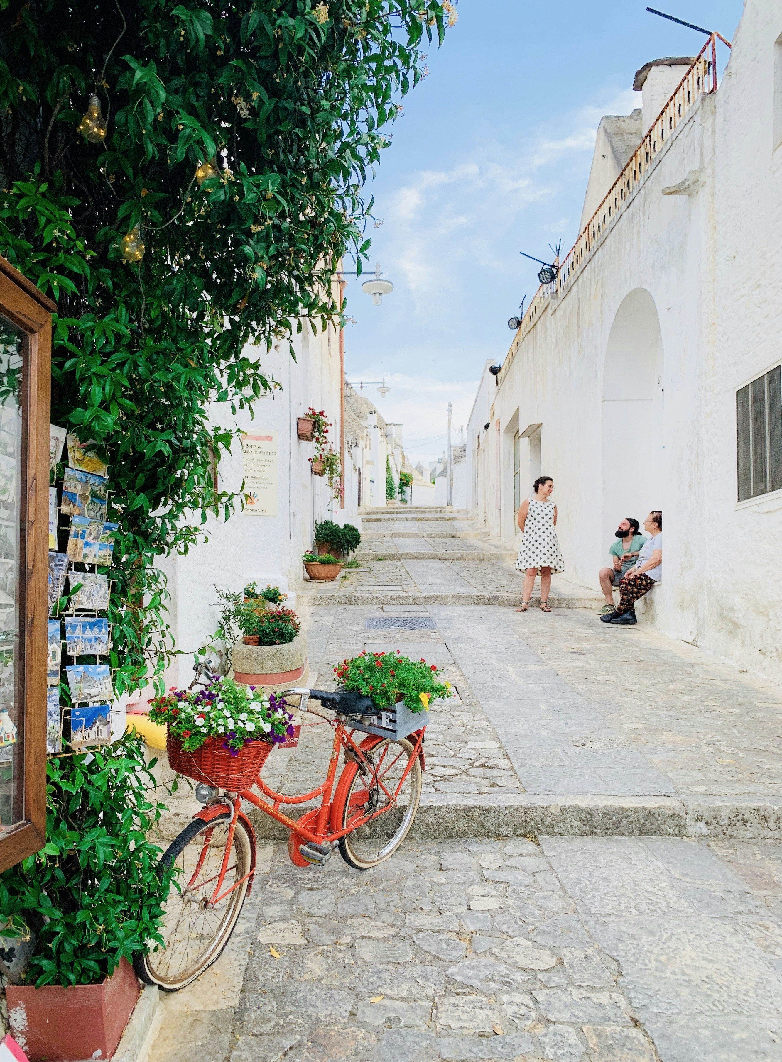 Sunlit Whitewashed Lane: A Bicycle of Blooms and Quiet Conversation