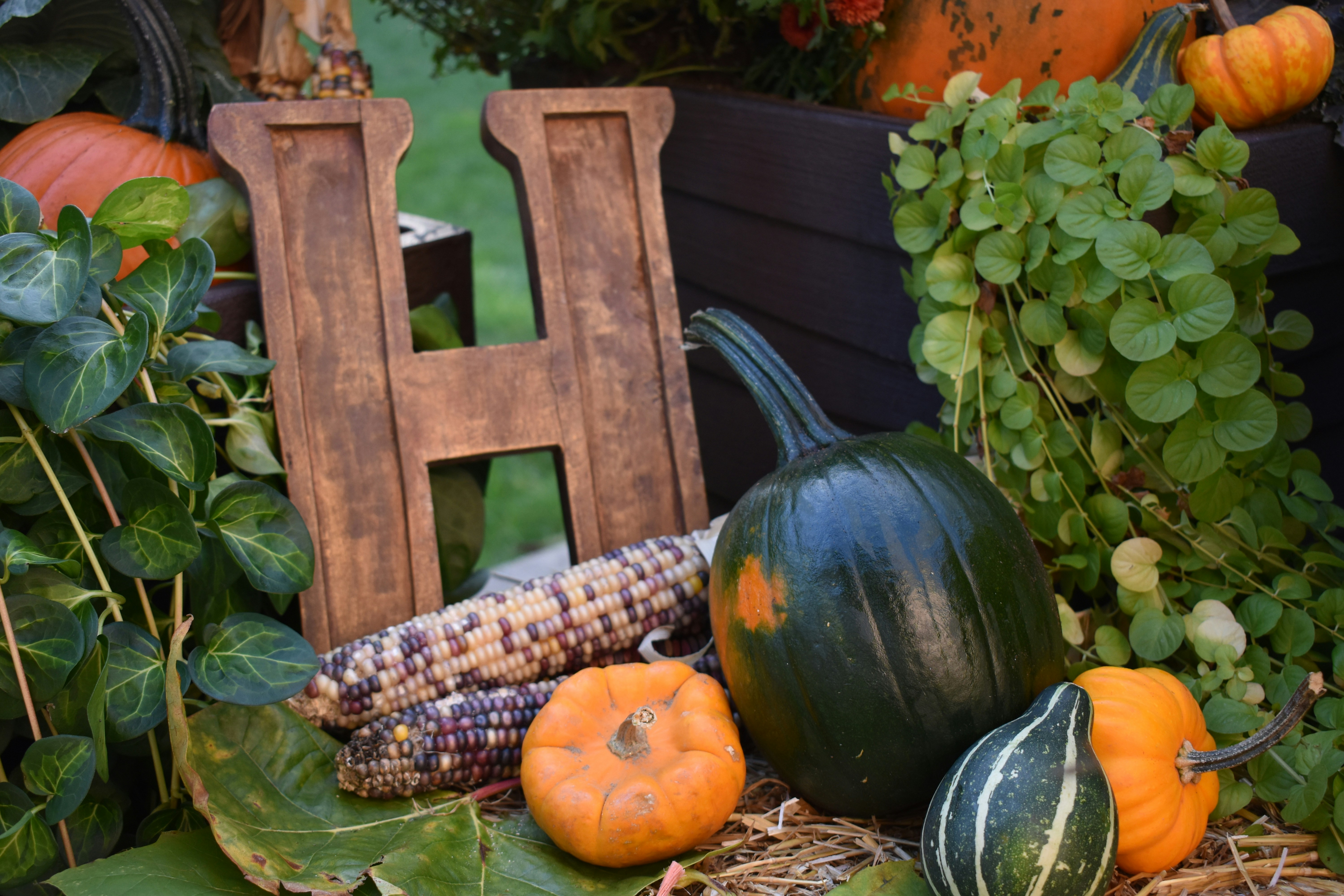 Autumn Harvest Arrangement with Rustic Letter Decor