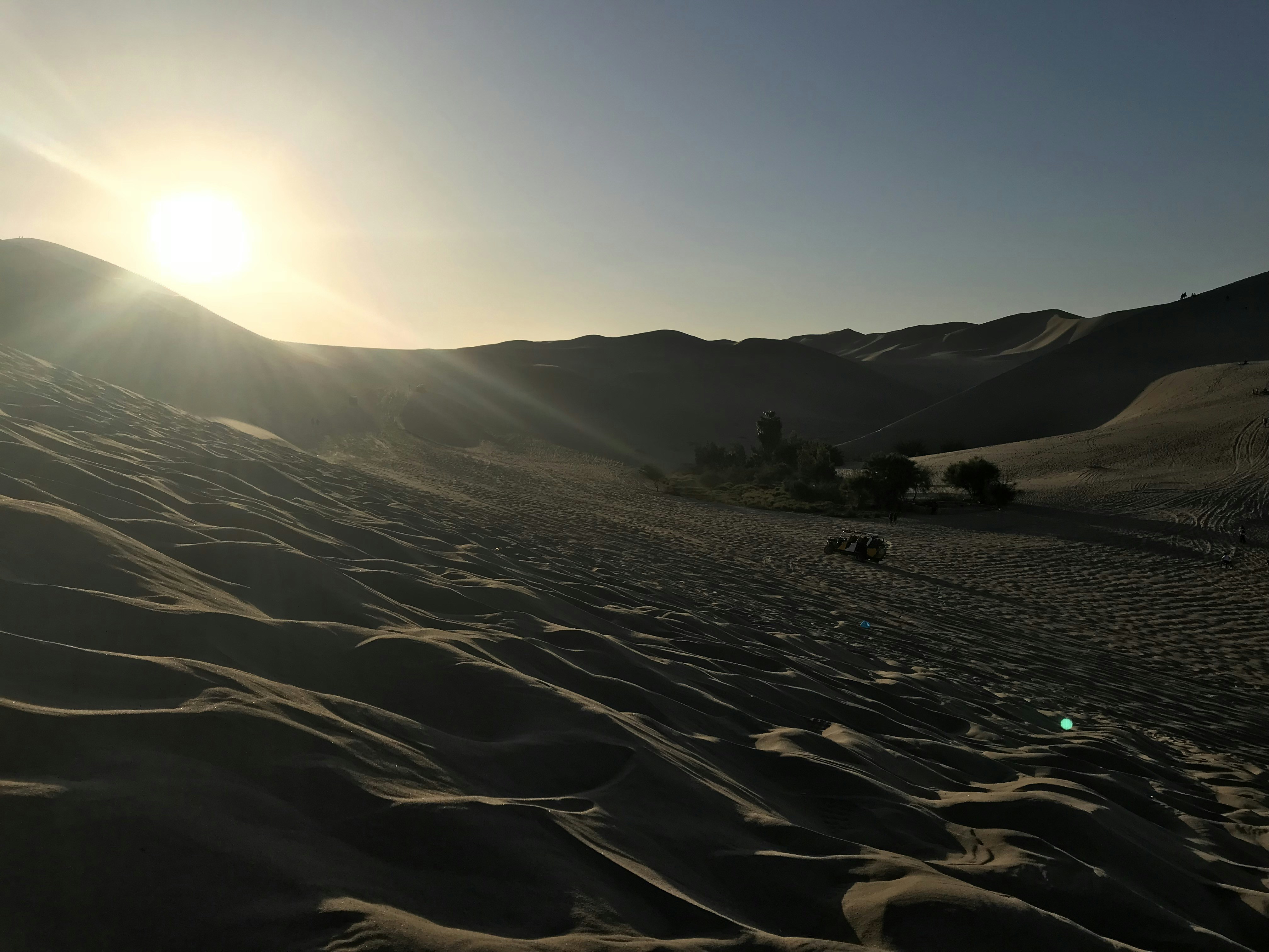 Sunset Over Whispering Dunes: wind-carved ridges and sparse shrubs