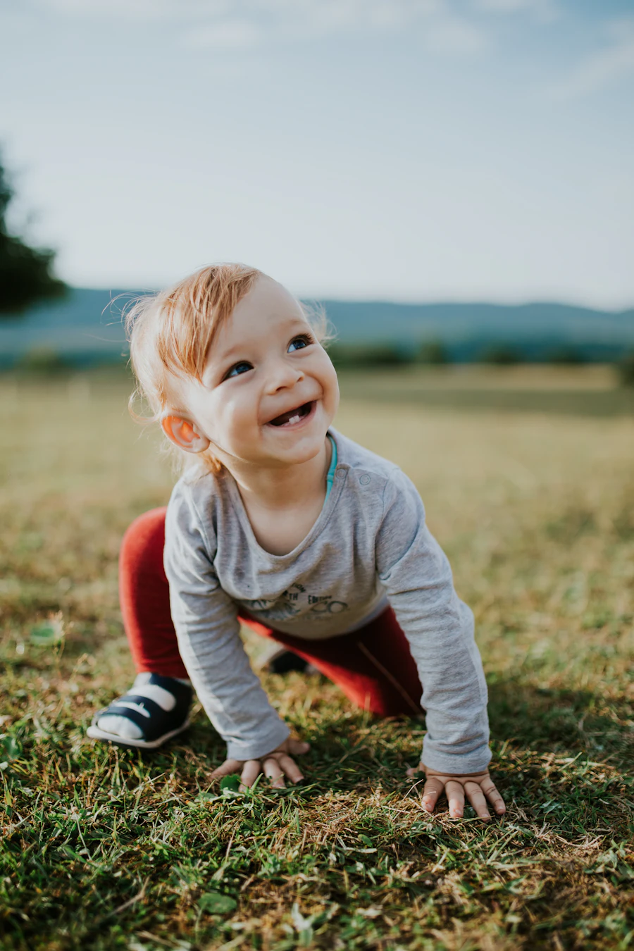 A smiling toddler crawls on sunlit grass, eyes bright with wonder, in a shallow outdoor scene with a blurred background.
