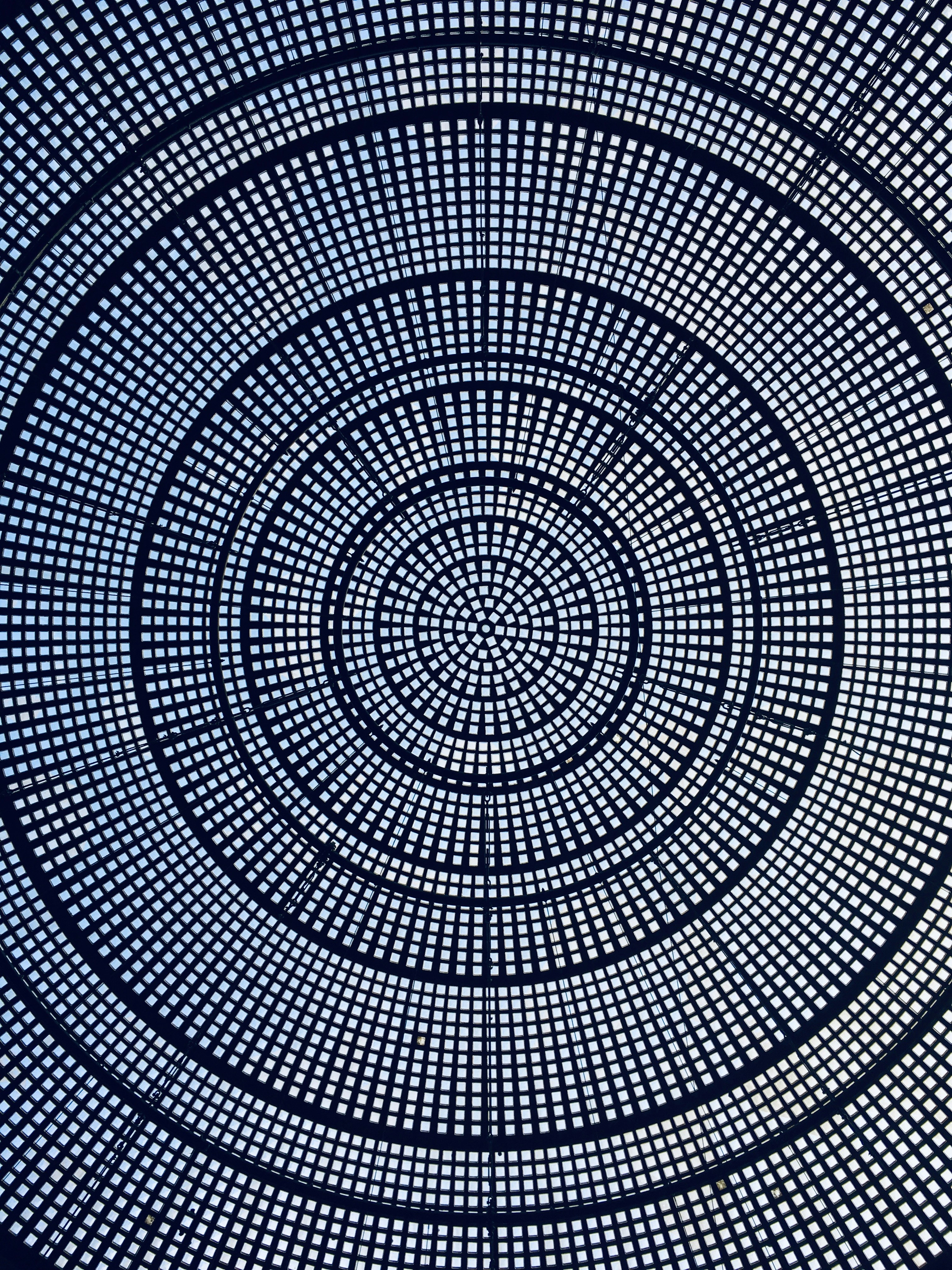 Intricate circular pattern formed by a grid of small squares, creating a mesmerizing optical illusion.