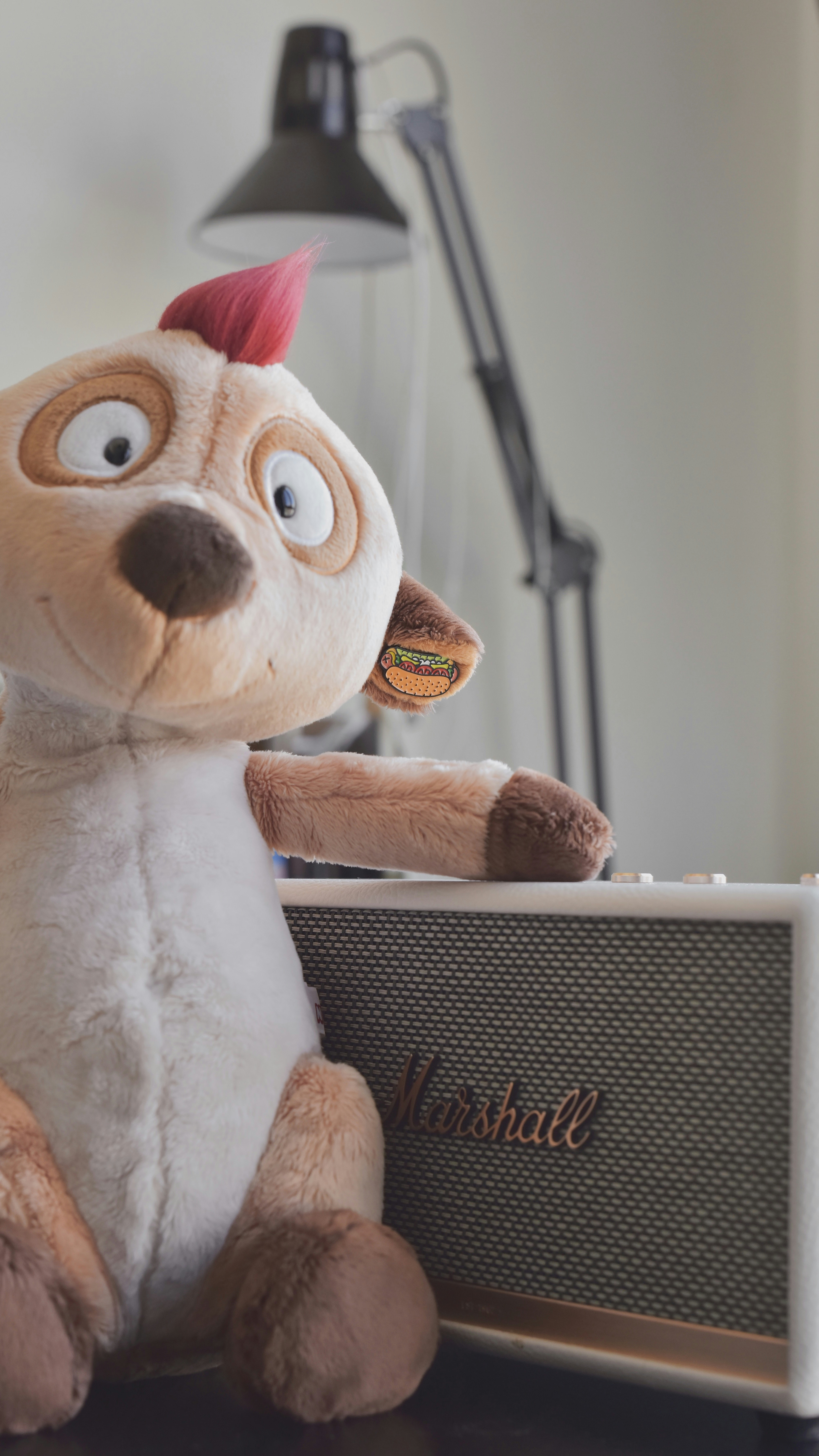 Velveteen Spotlight: A Plush Monkey Guarding a Marshall Amp by Desk Lamp