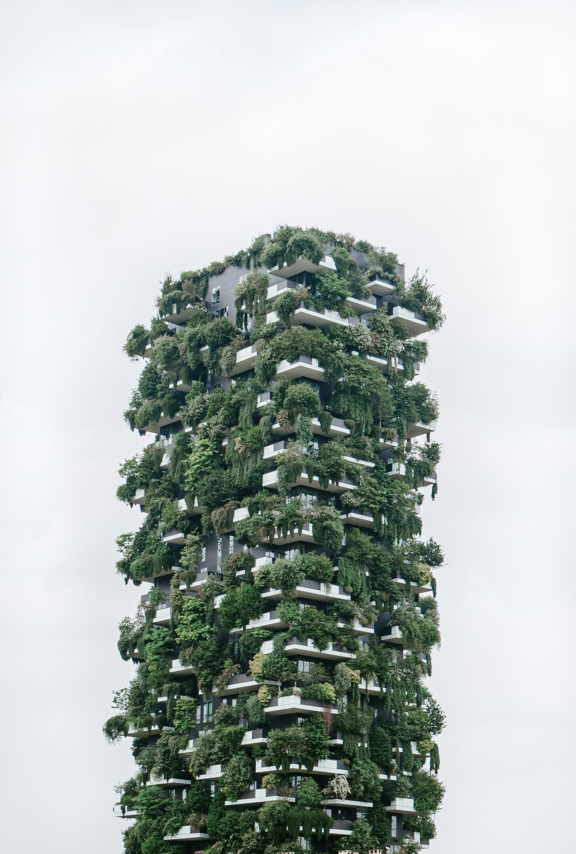A modern skyscraper enveloped in lush greenery, showcasing innovative architectural integration of nature into urban spaces.