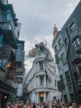 A large, menacing dragon perches atop Gringotts Bank, which stands ...