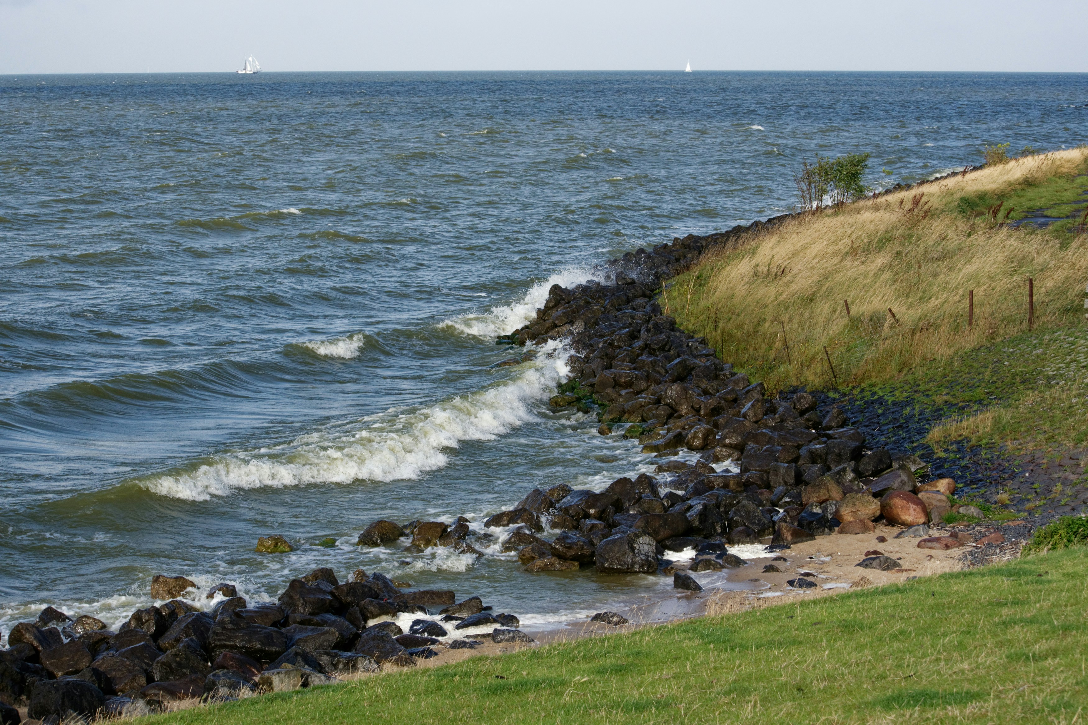 Rugged Shoreline, Emerald Slope: A Rocky Confluence with the Sea