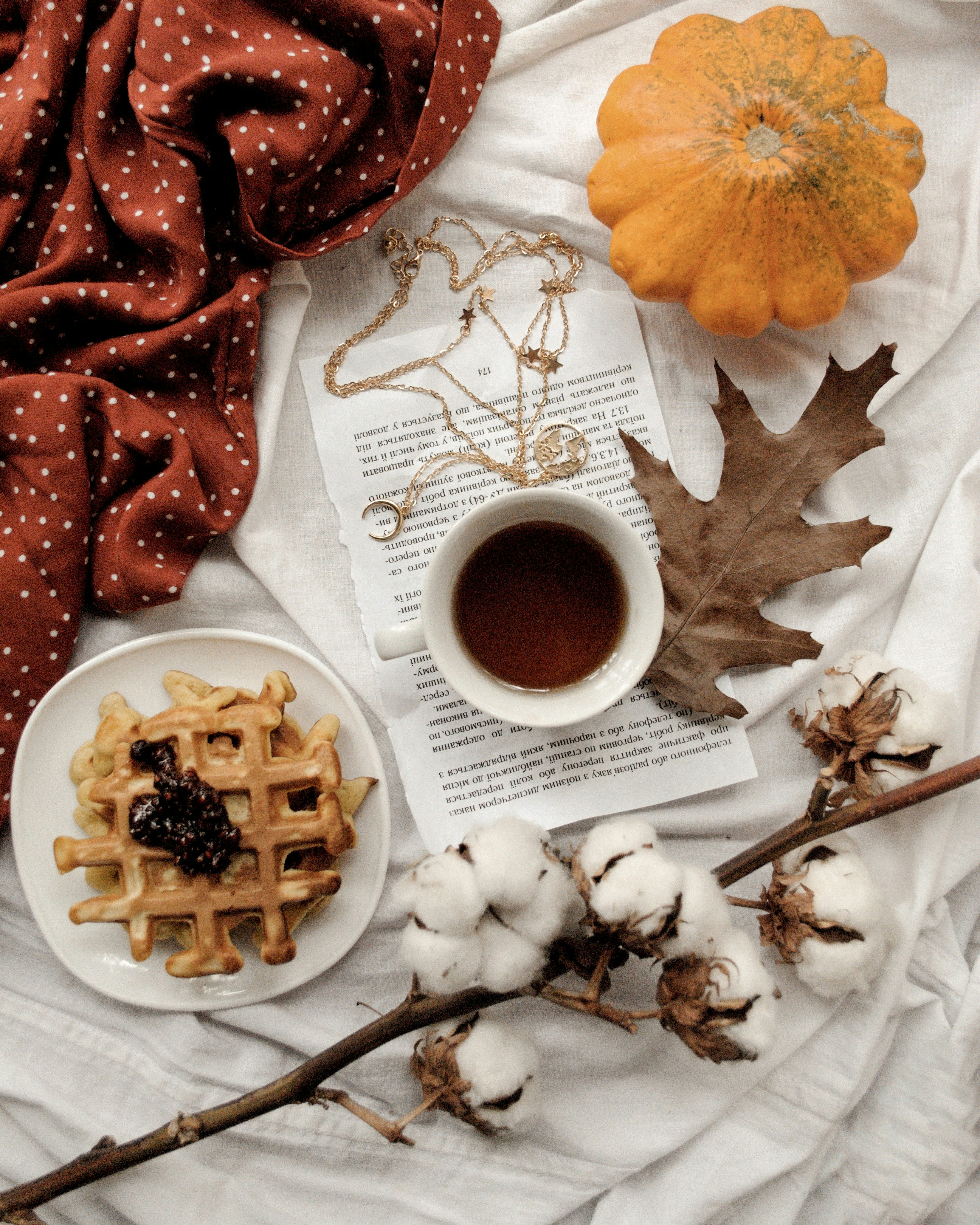 Photograph of a fall-themed flat lay with a waffle and jam, a cup of tea, and a small pumpkin on a white cloth. A necklace rests on a page beside cotton stems and a dried leaf.