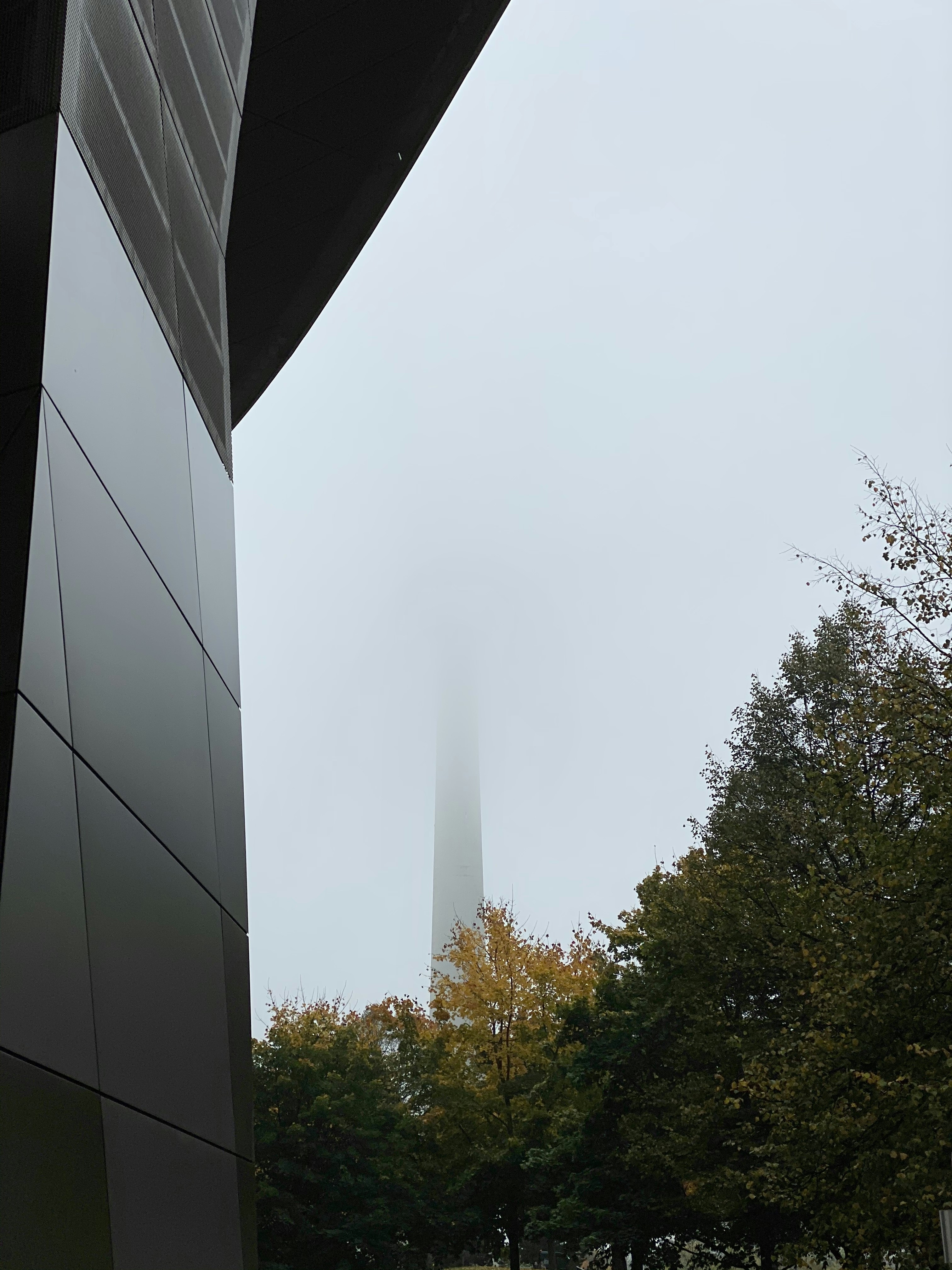 Spire in the Mist: A Fog-Wrapped Peak Between Glass and Leaves