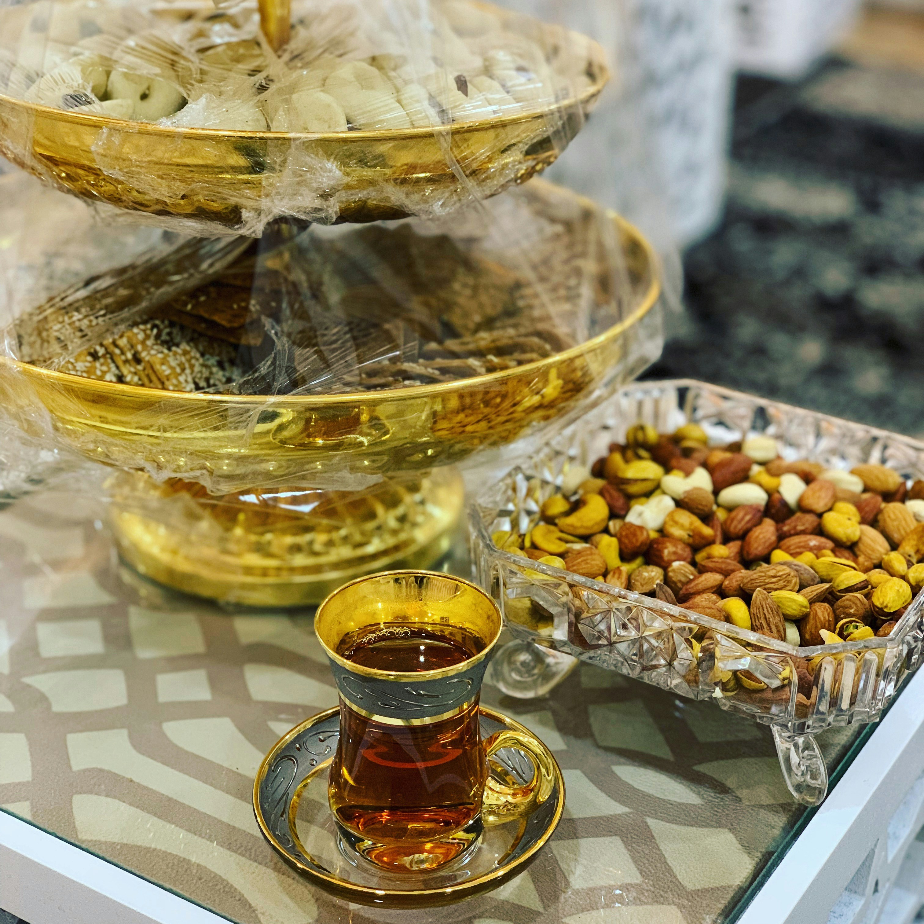 Golden Tray Tower with Turkish Tea in Focus