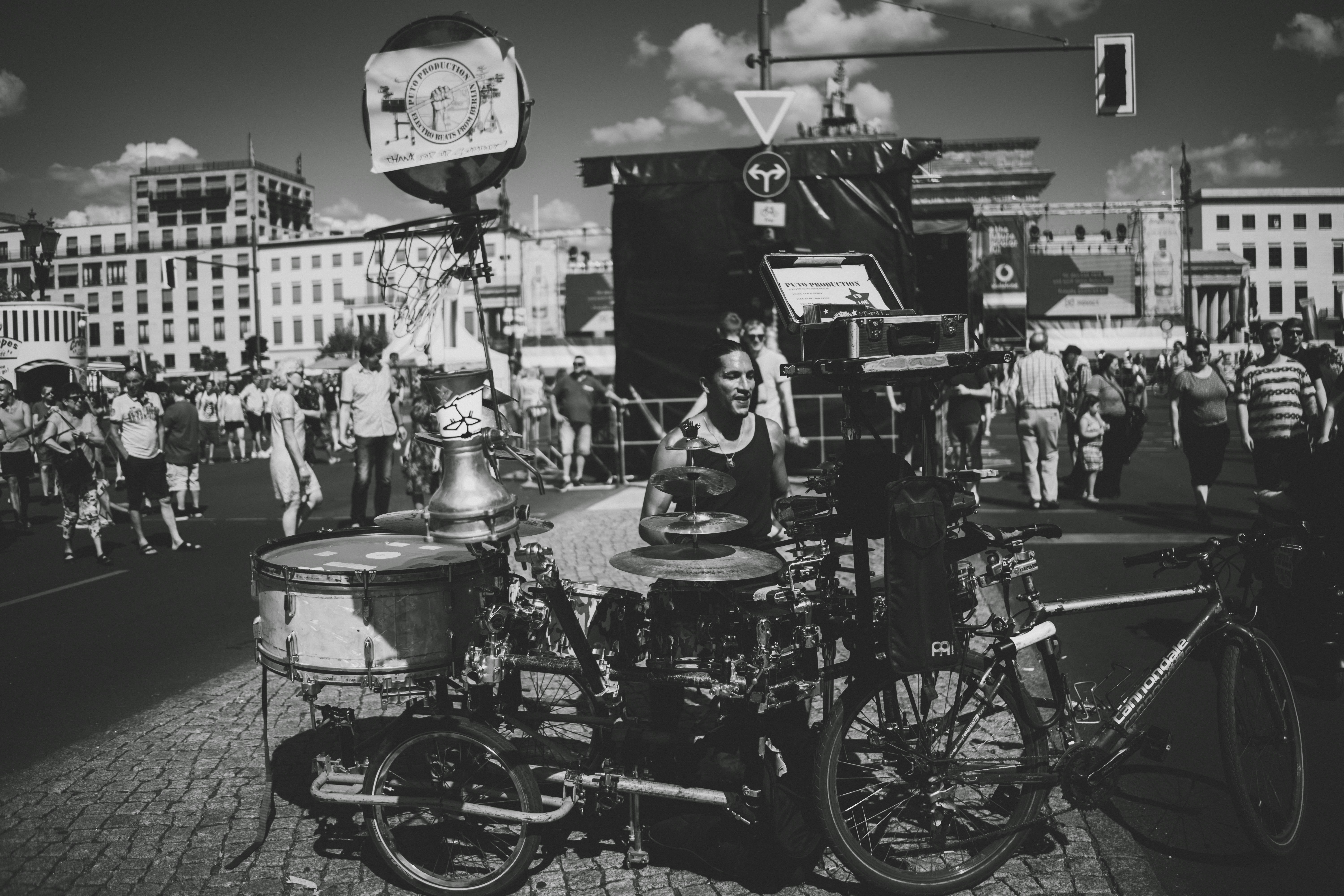 Urban Drum Cart in a Bustling Square