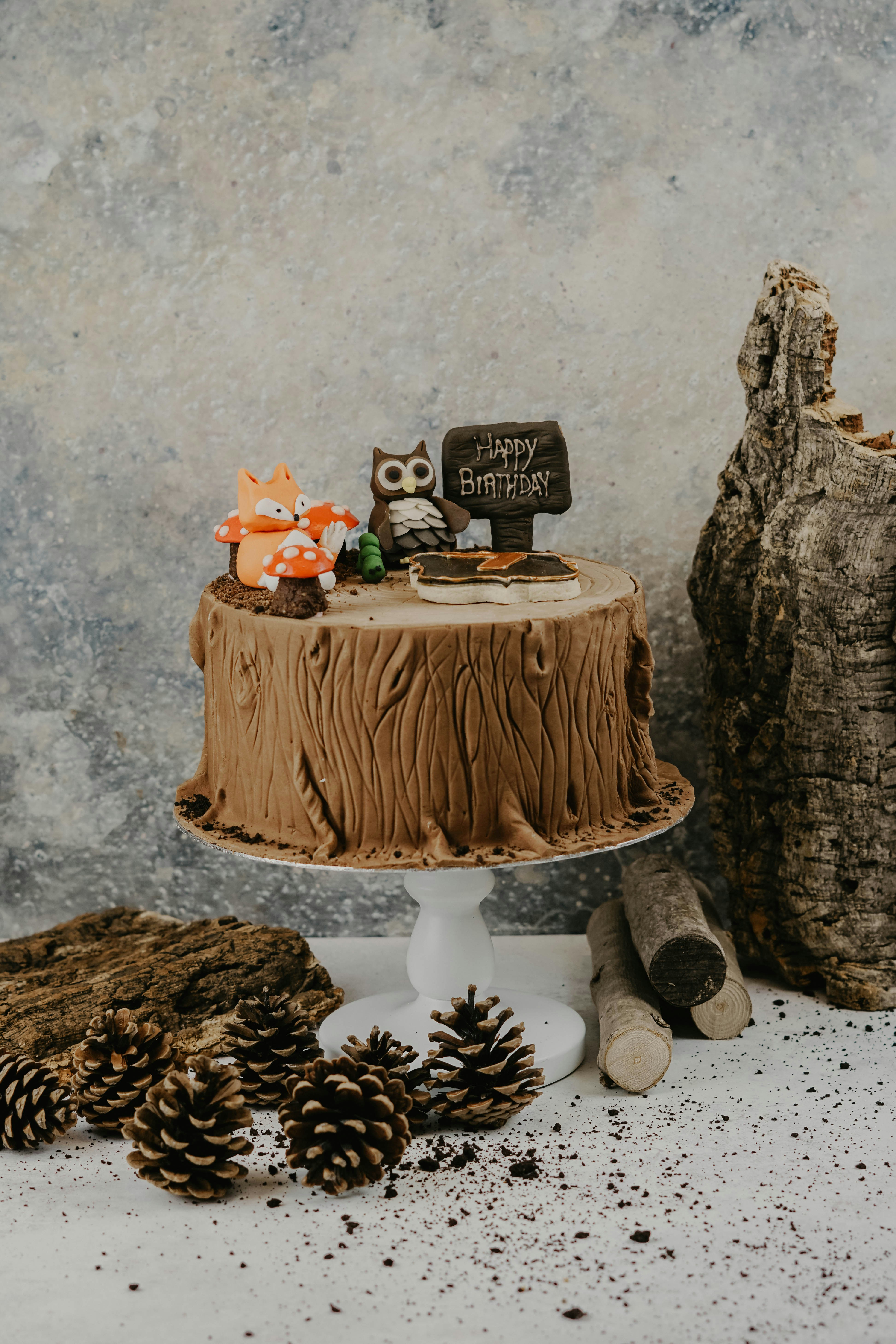 A beautifully crafted birthday cake resembling tree bark, adorned with playful animal figurines and a cheerful sign. The scene is complemented by natural elements like pinecones and rustic wood.