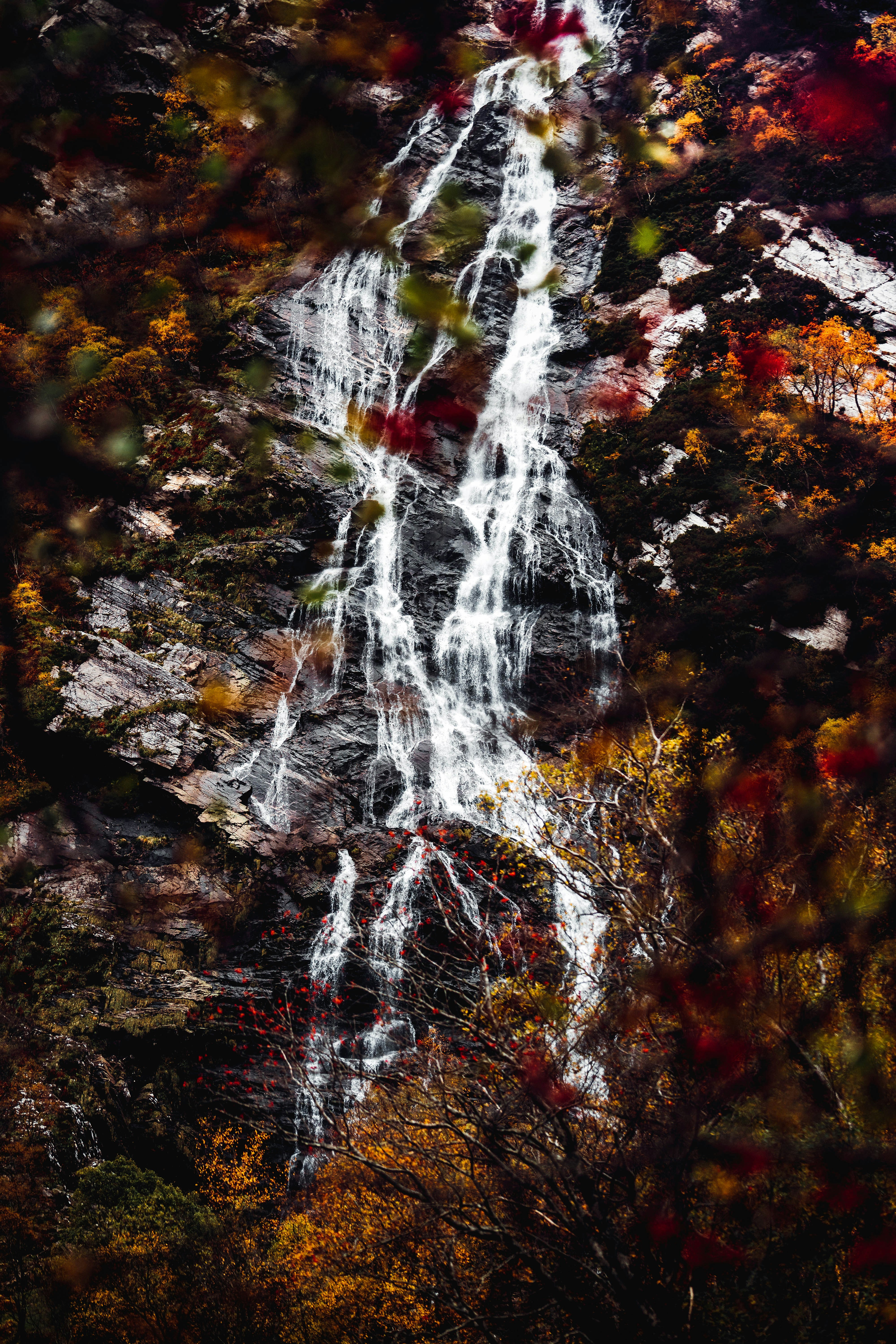 Crimson Cascade: Autumn Waterfall Framed by Stone and Fading Leaves