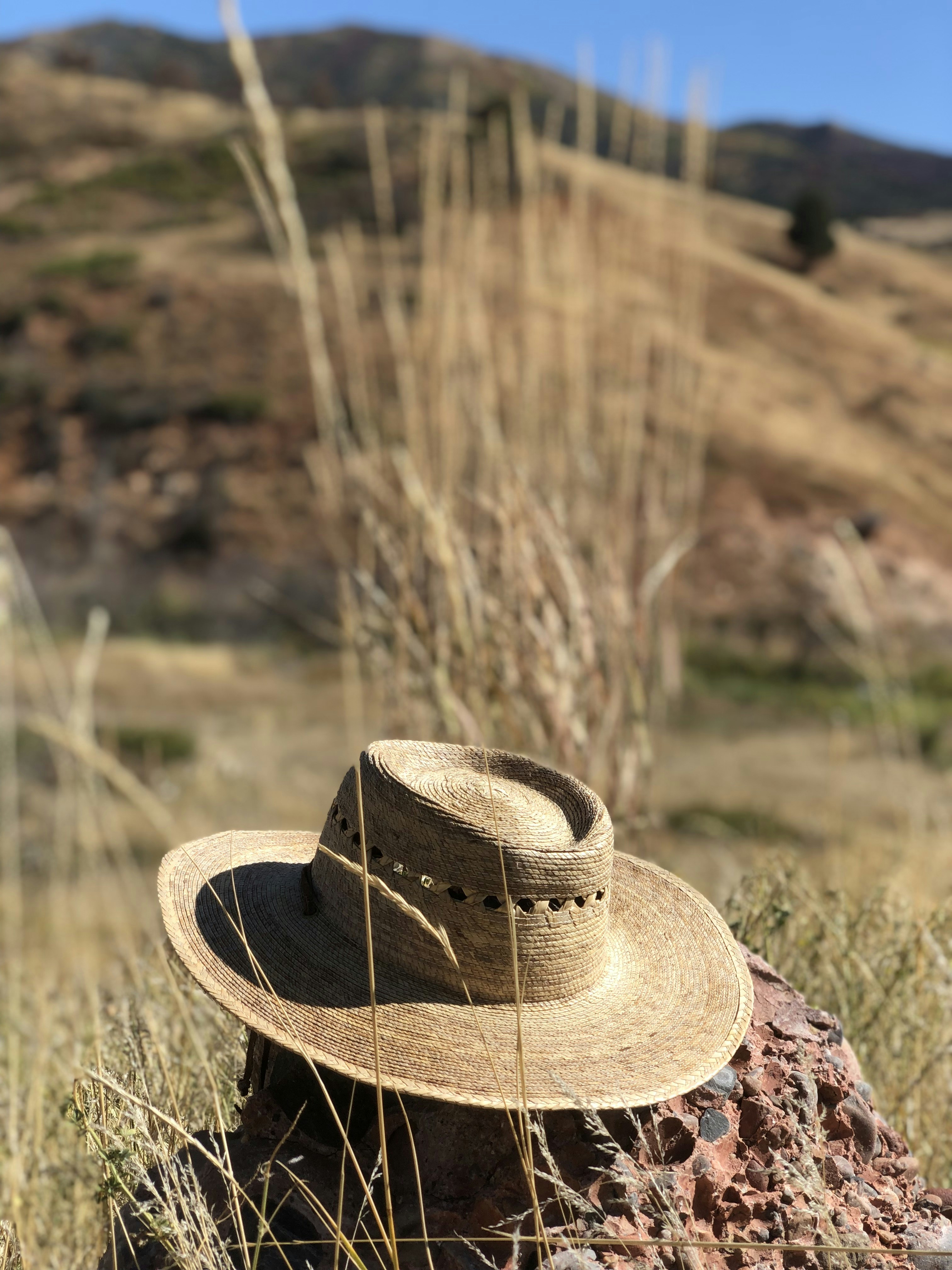Straw Hat on a Weathered Rock: Golden Grassland Portrait