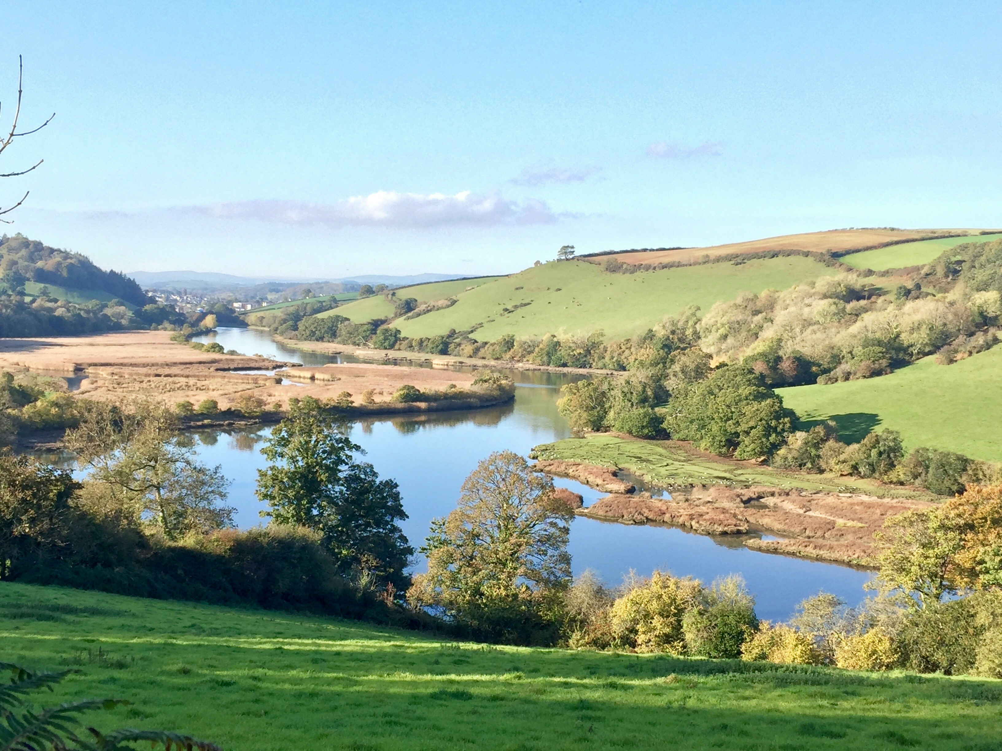 Lush green hills outline a winding river, reflecting the clear blue sky, with trees dotting the landscape.