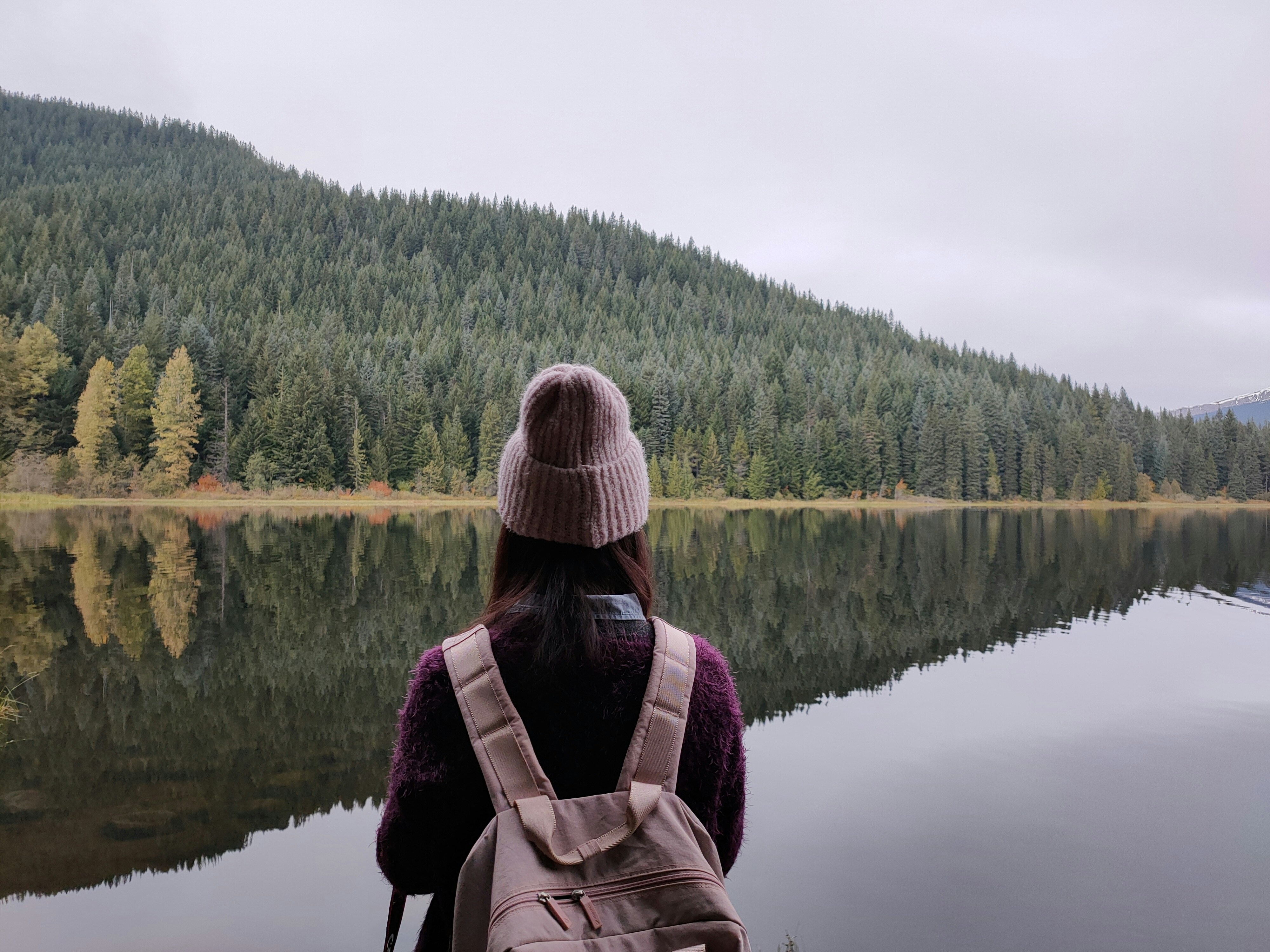 Quiet Horizon: Back-turned Hiker Over a Glassy Lake Surrounded by Pines