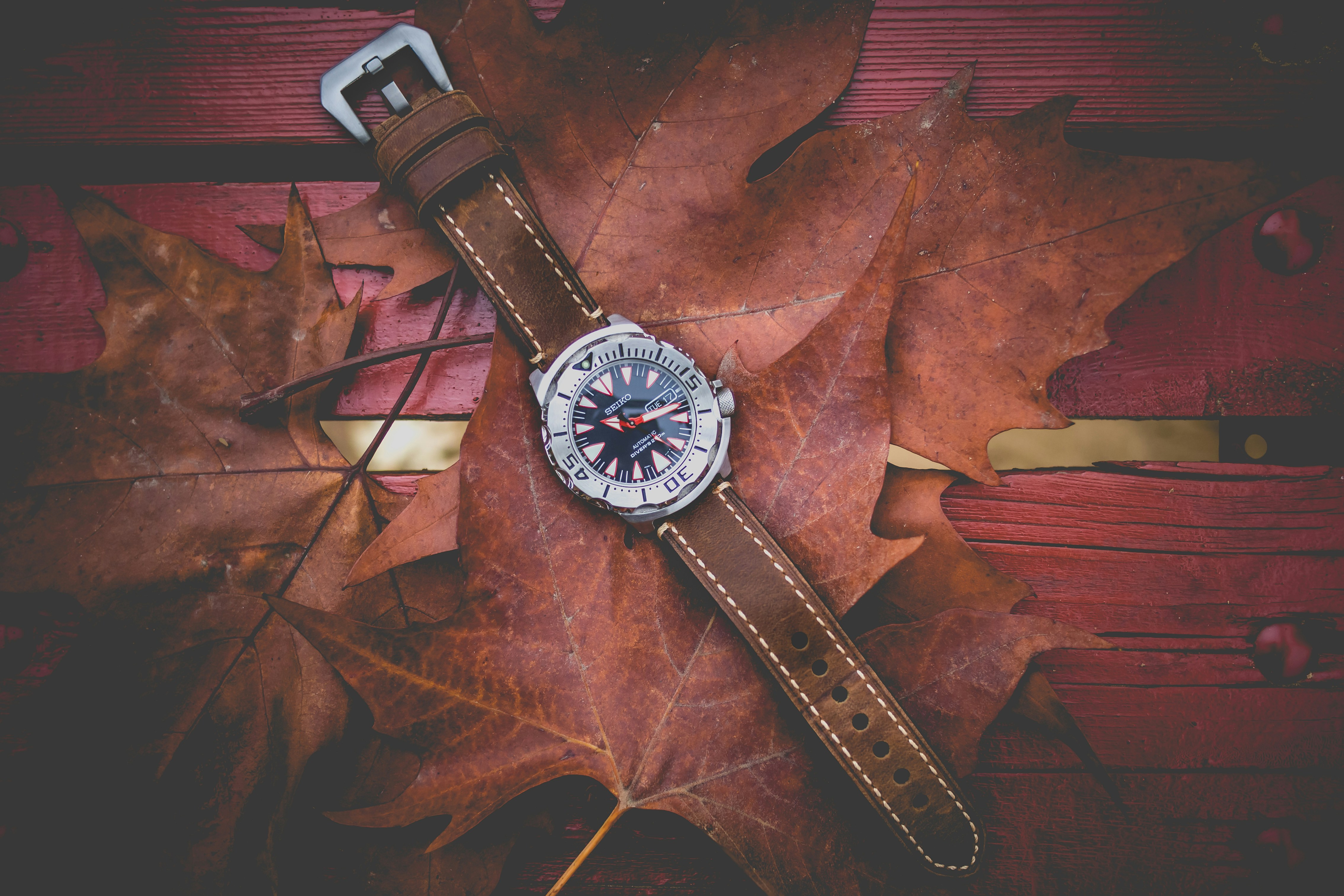 Autumn Time on Weathered Wood: A Leather-Strapped Watch Among Fallen Leaves