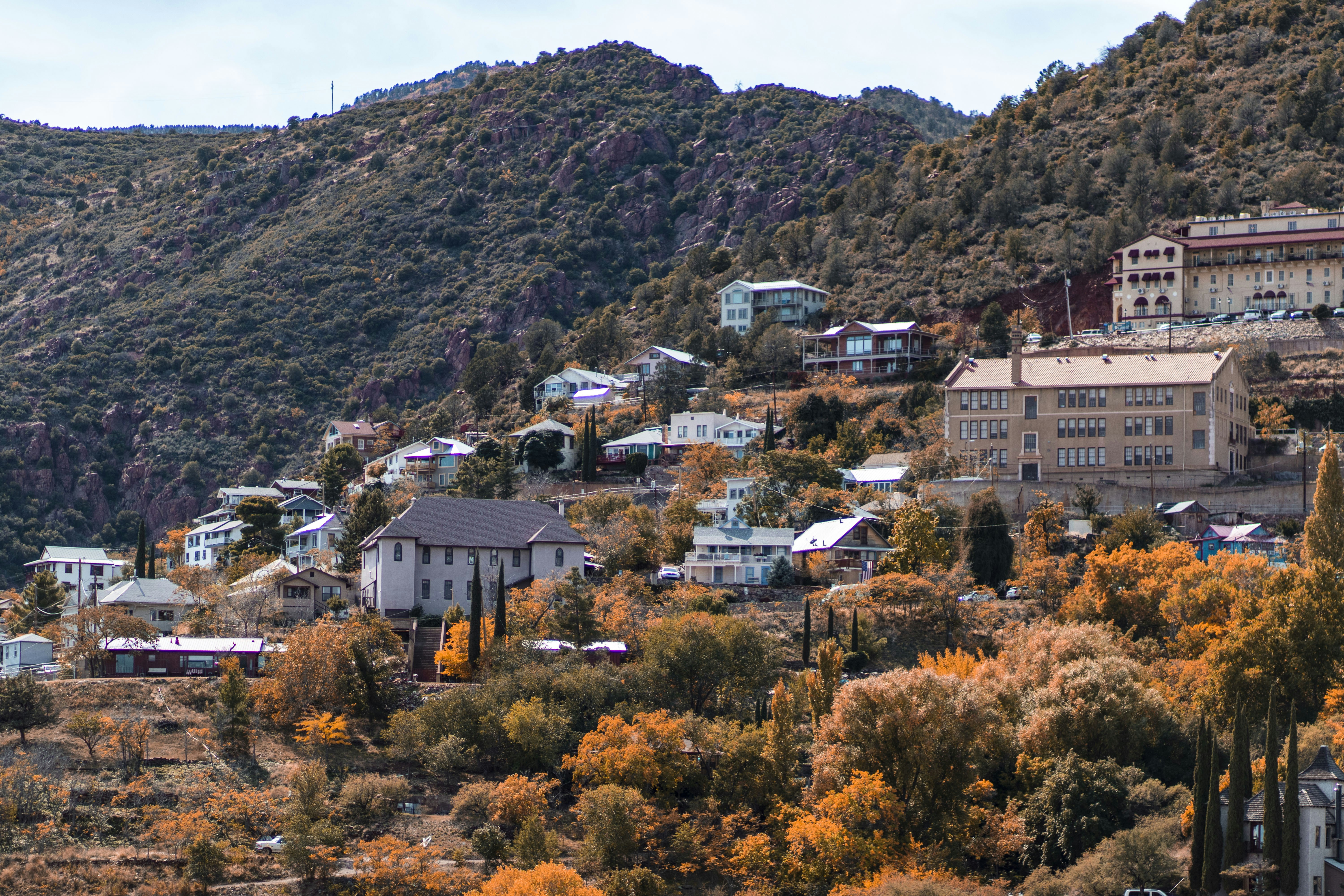 Autumn hillside village tucked among amber trees