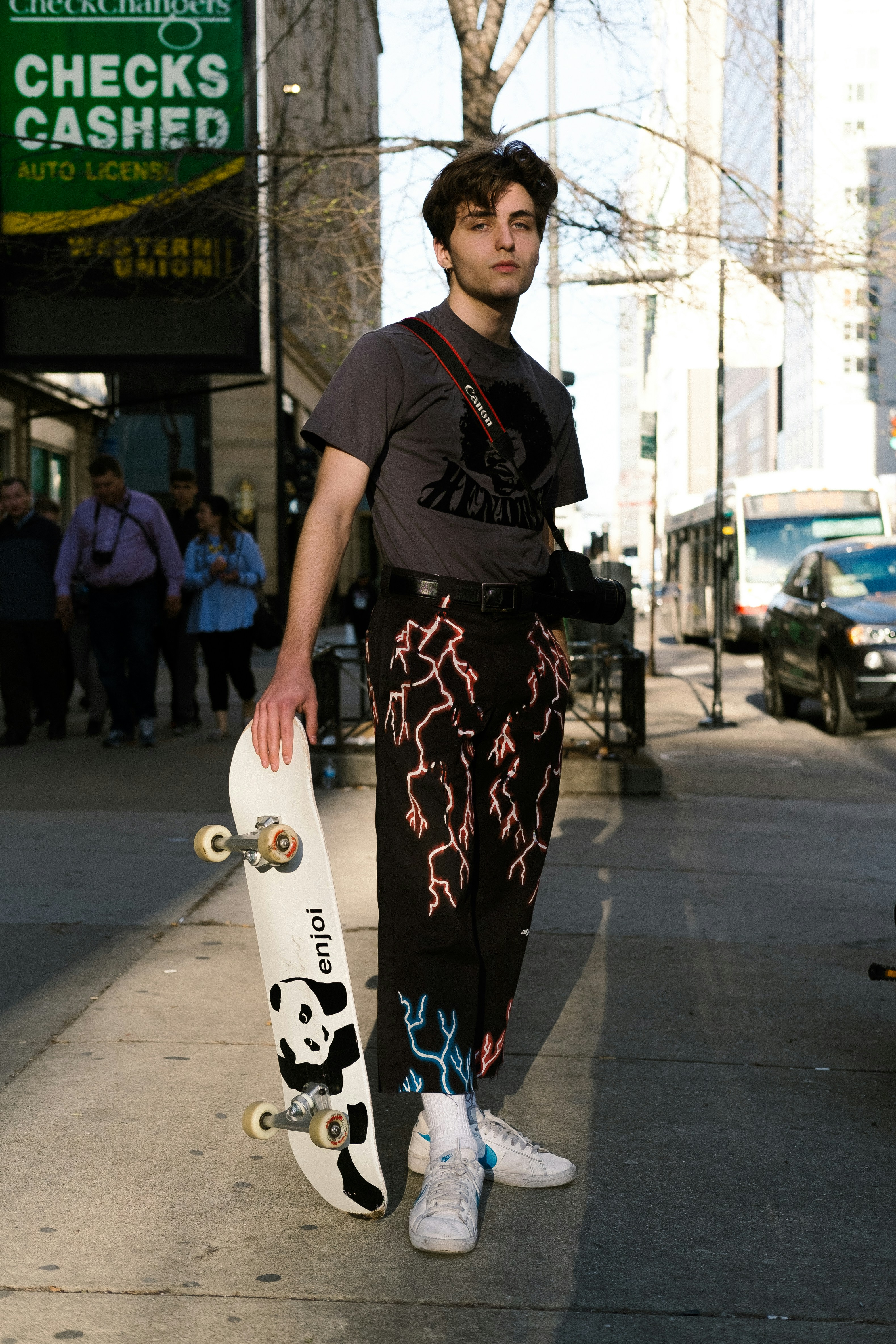Skateboarder in urban glow with neon-outlined pants