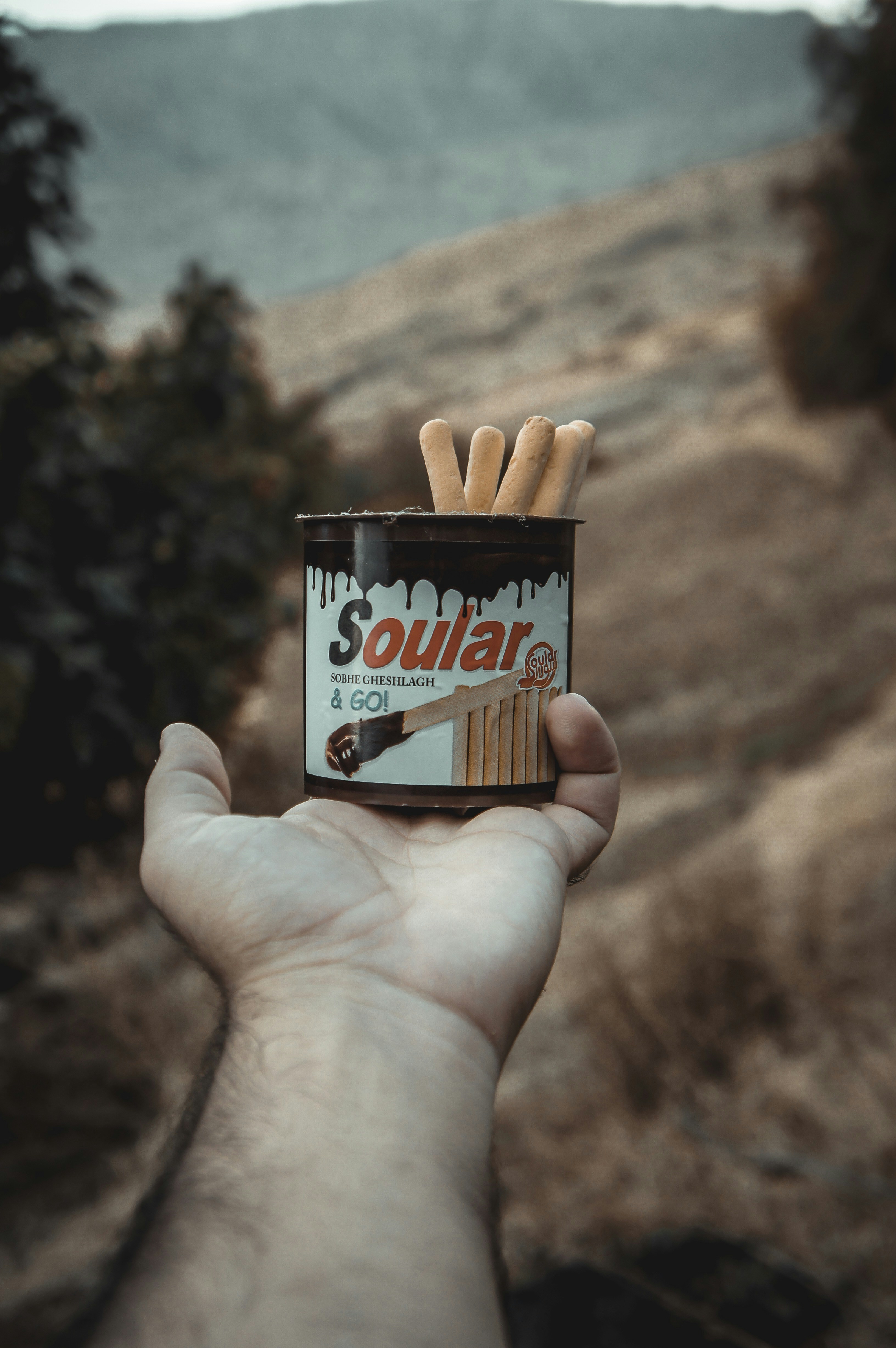 Trail-Side Snack Tin: Soulbar in Hand Against a Mountain Backdrop