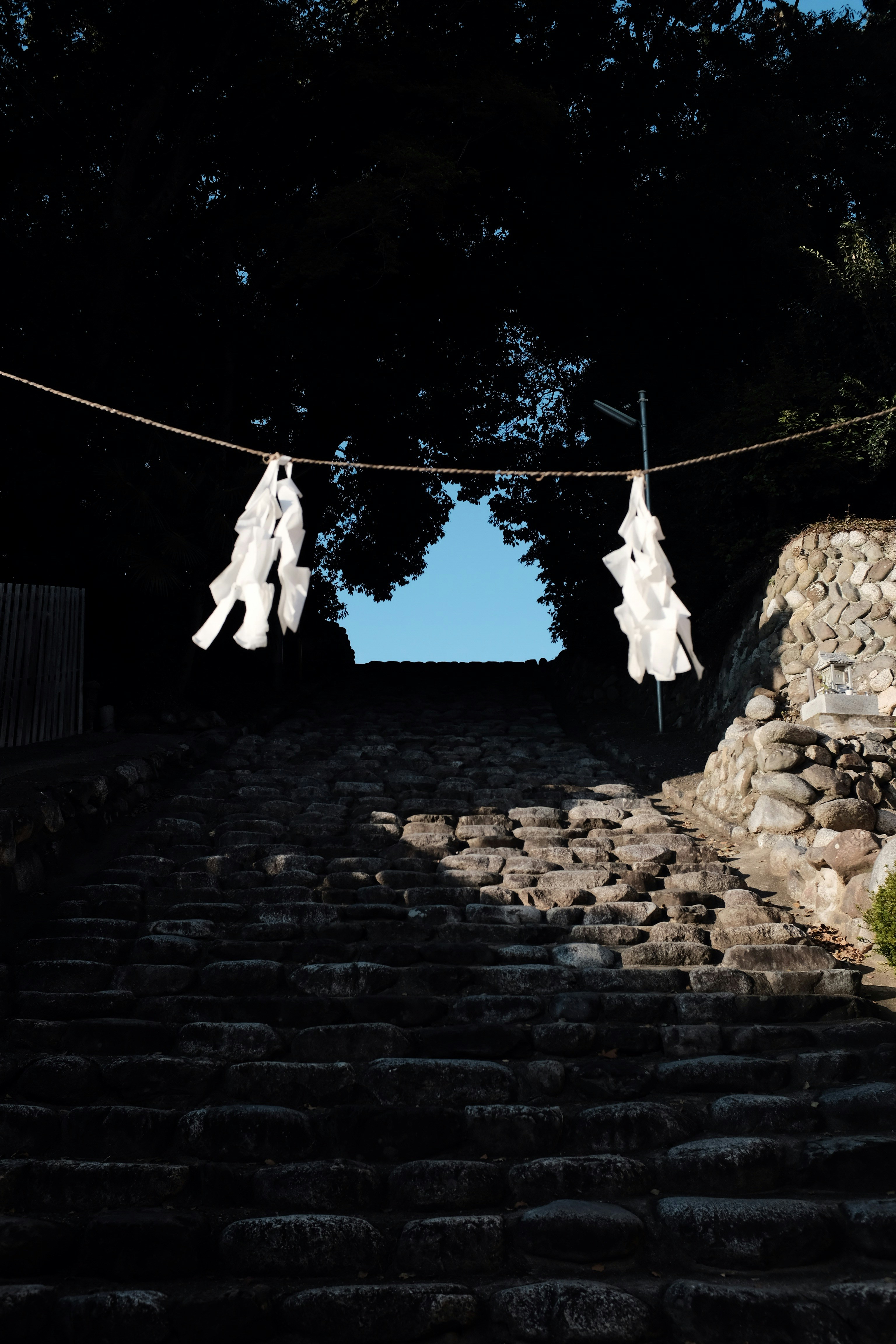 Stairway to Sky: A Dark Cloister Framed by Sacred Shimenawa