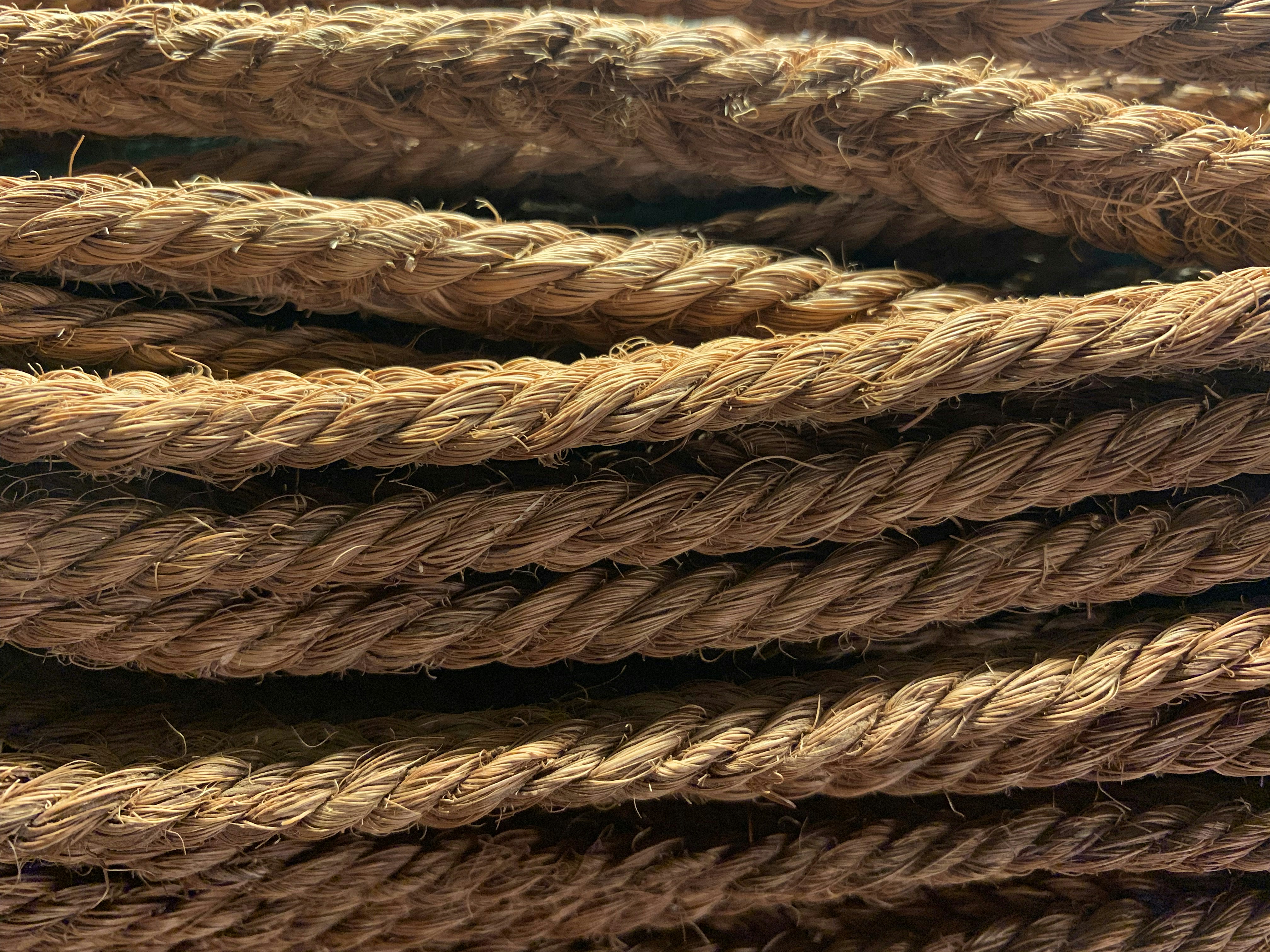 Close-up of intertwined natural fiber ropes showcasing intricate textures and earthy tones.