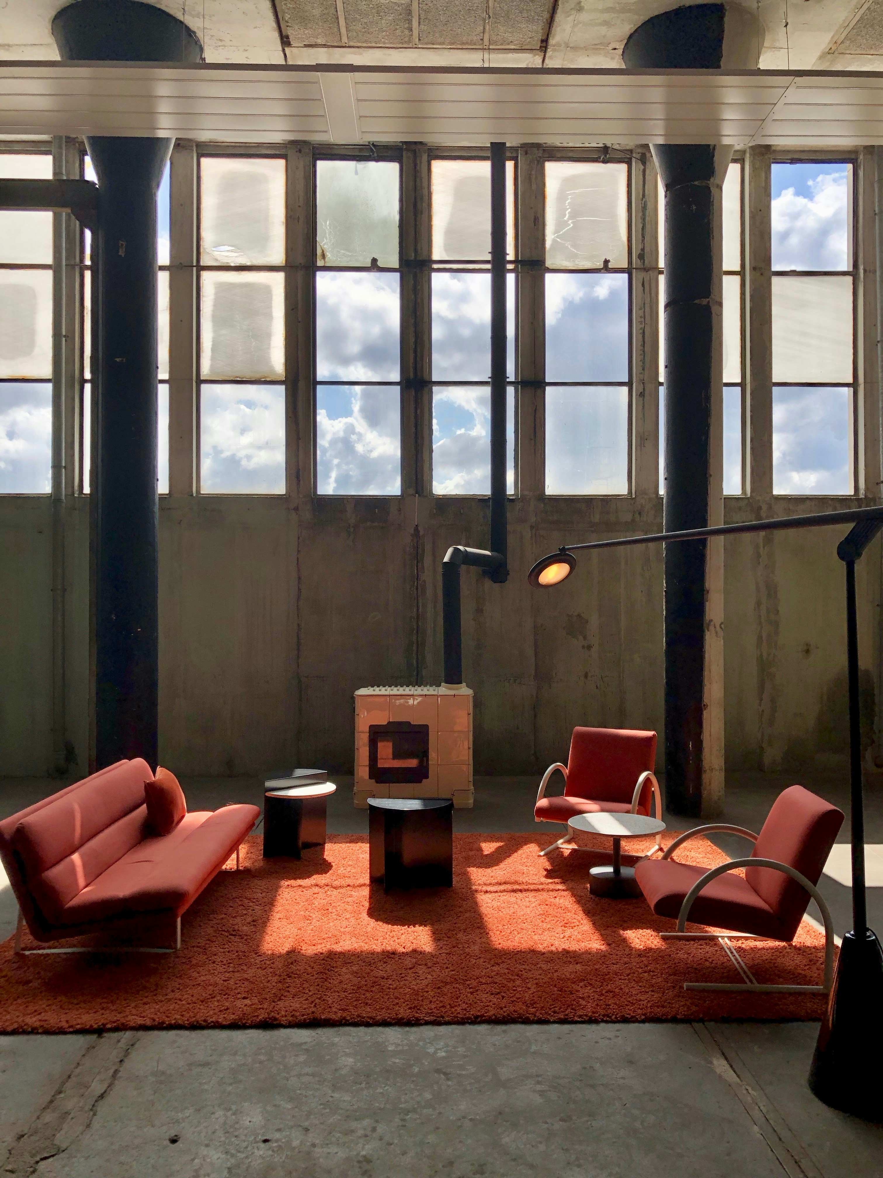 Loft-Style Red Lounge in an Industrial Warehouse