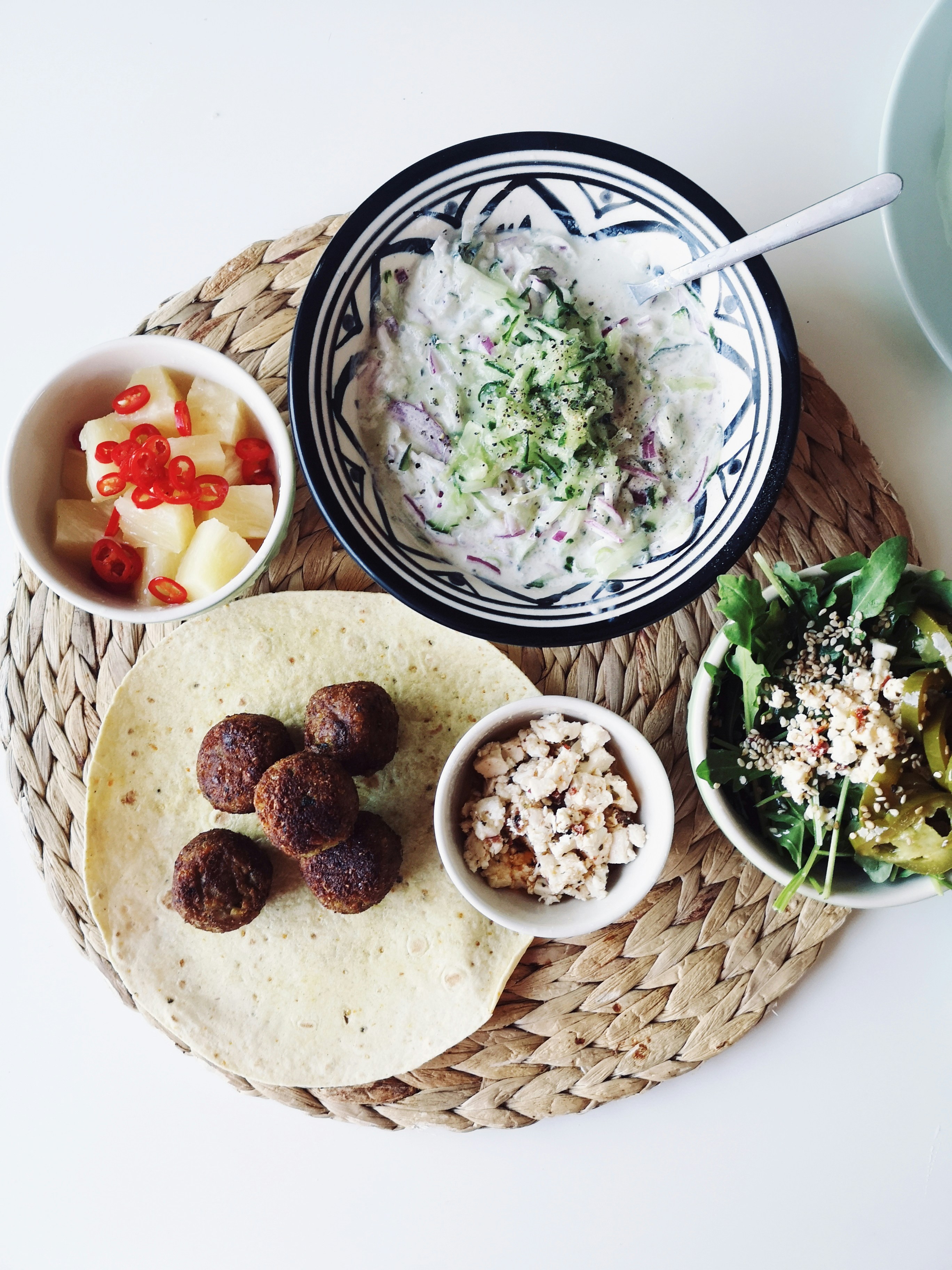 Colorful mezze harmony on a woven platter