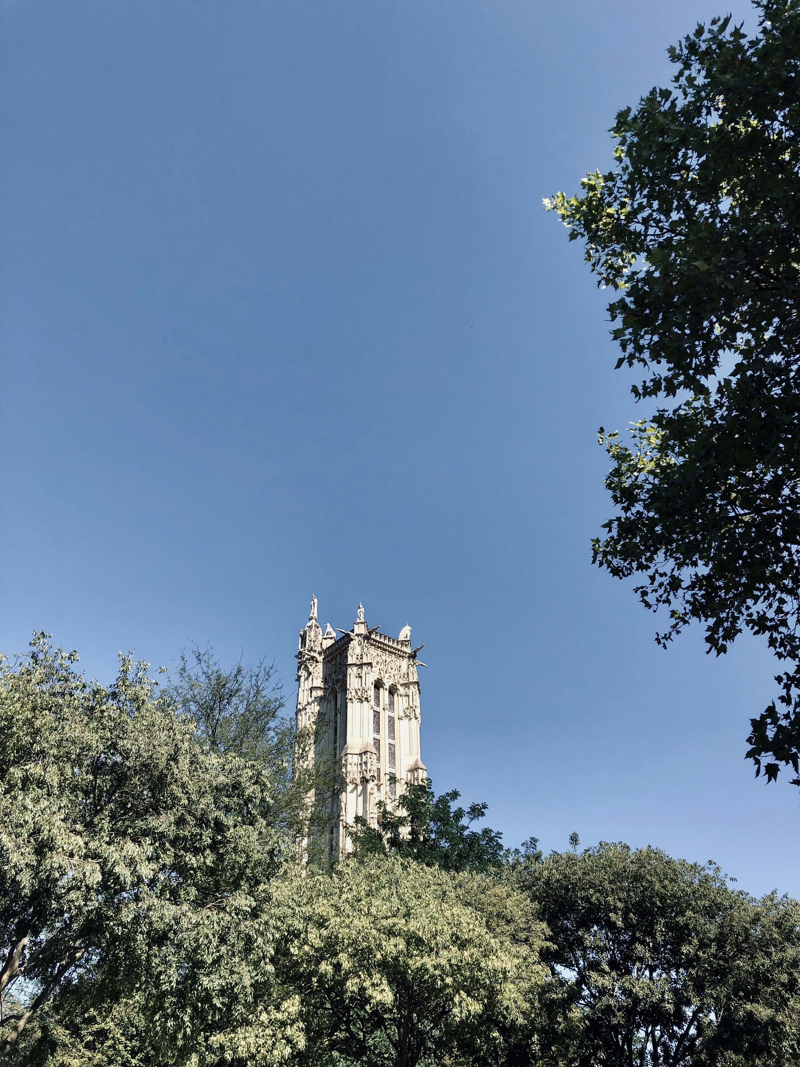 gray concrete tower beside green trees