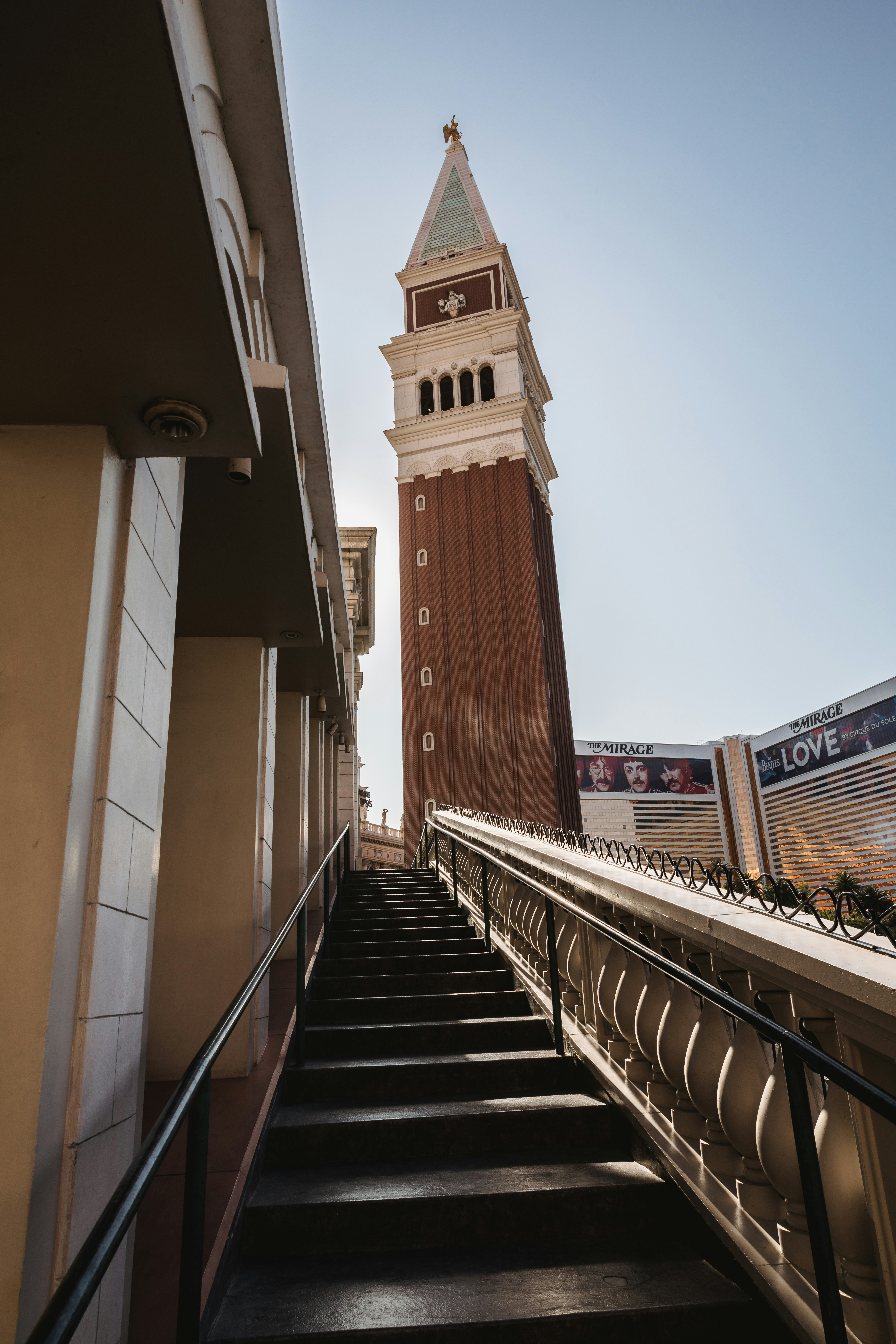 Stairway to a Venetian Campanile Amid Las Vegas Neon