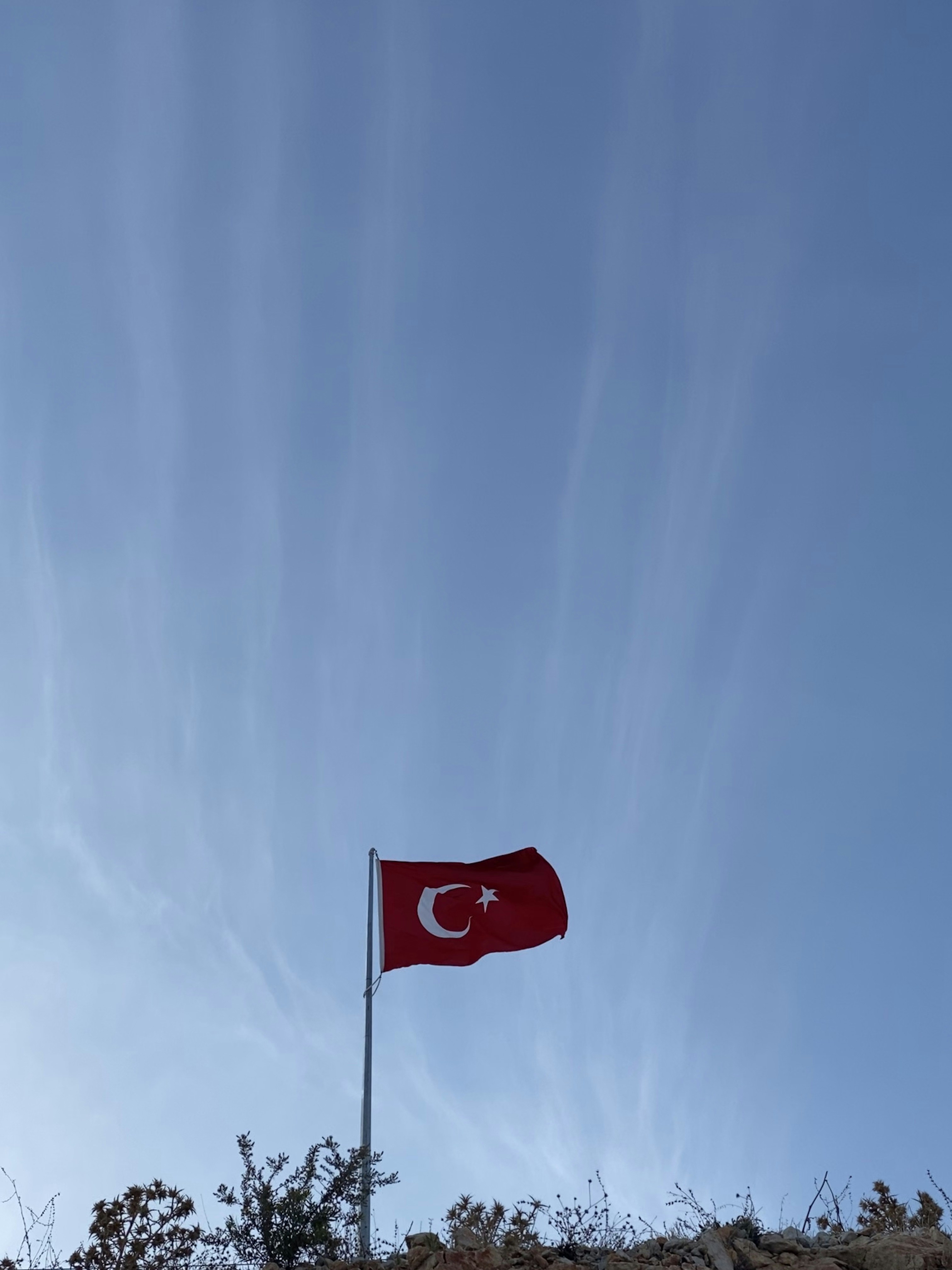 Turkish flag waving gently against a clear blue sky, framed by wispy clouds and shrubbery below.