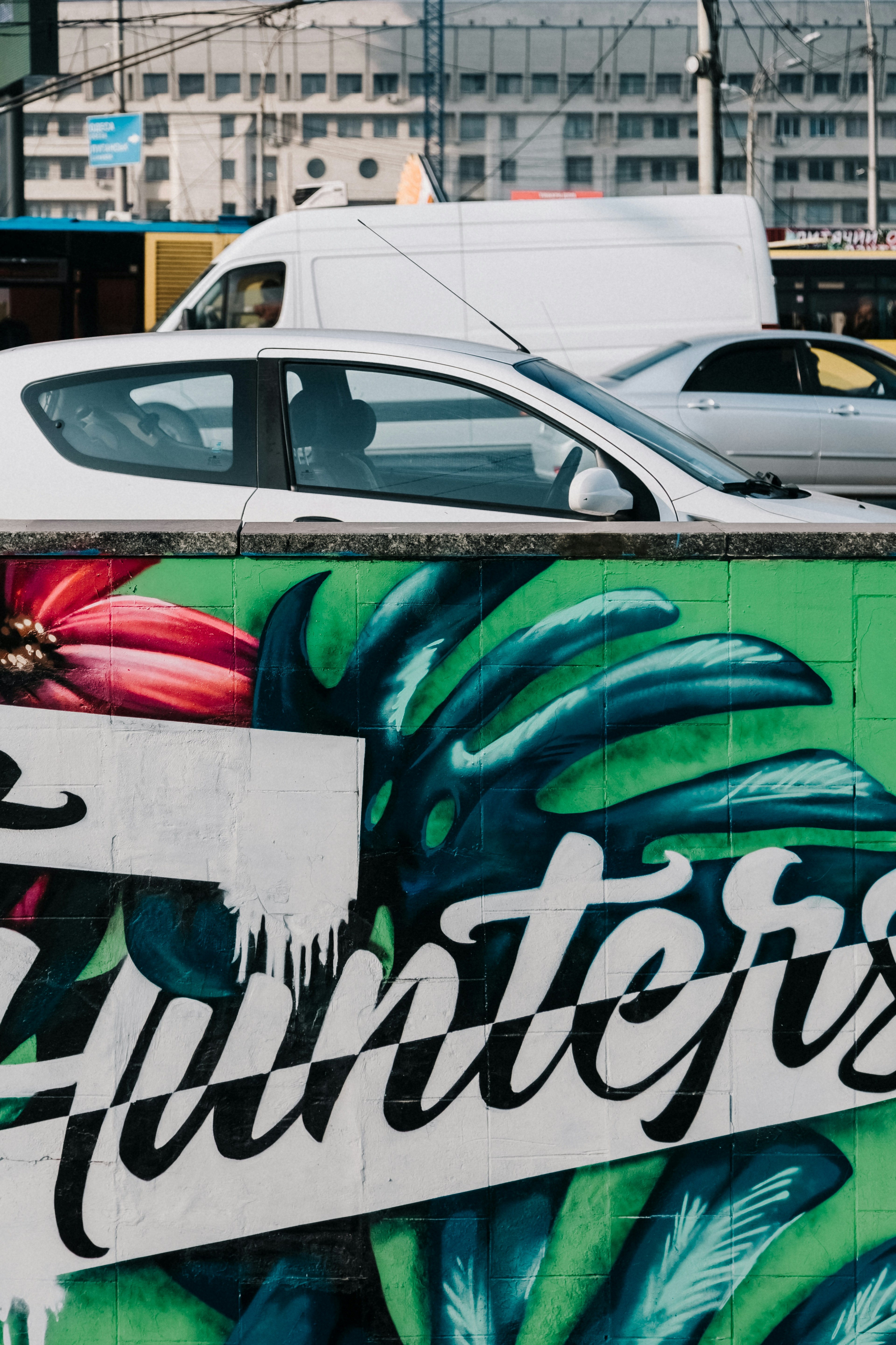 City mural underpass: car silhouettes meet bold tropical graffiti