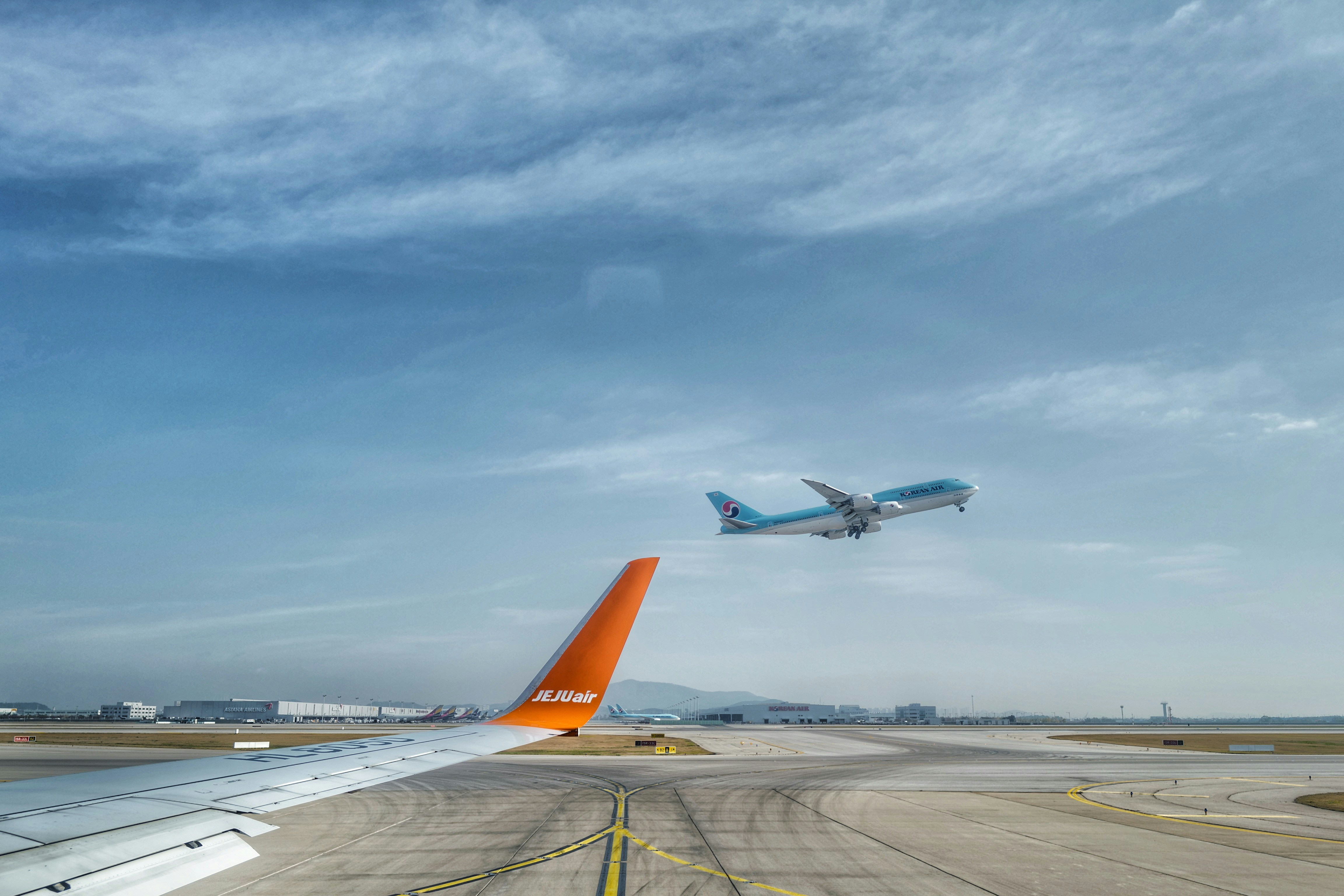 Blue and white plane flying over airport photo – Free Blue Image on ...