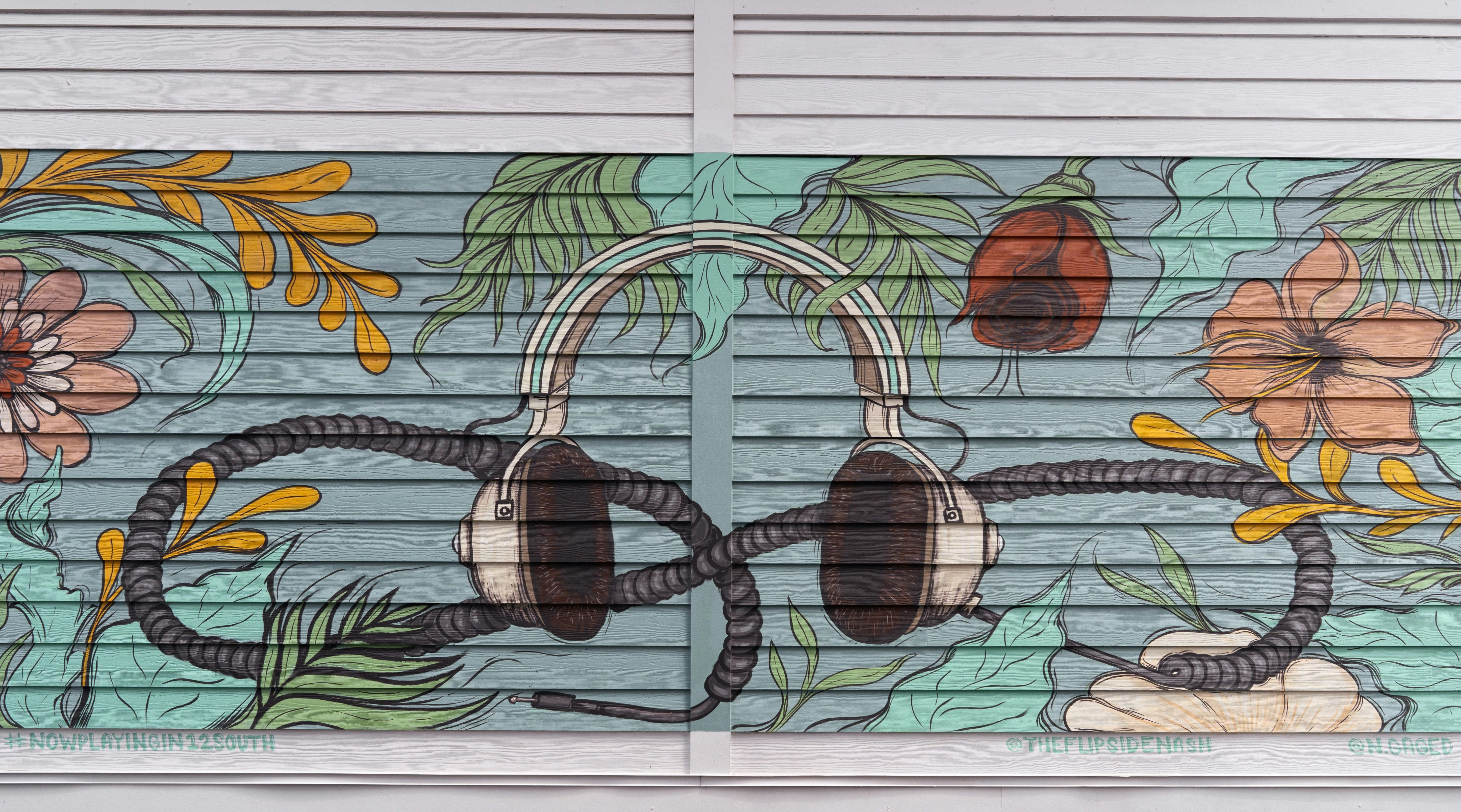 Headphones in Bloom: Tropical Graffiti on a Teal Shutter