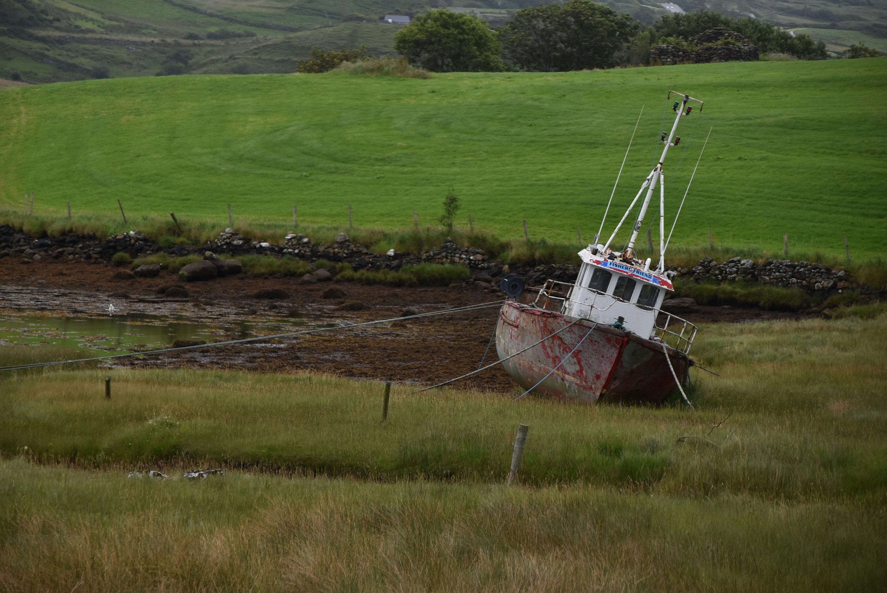 Red-Hull Boat Leaning into the Meadow's Quiet Edge