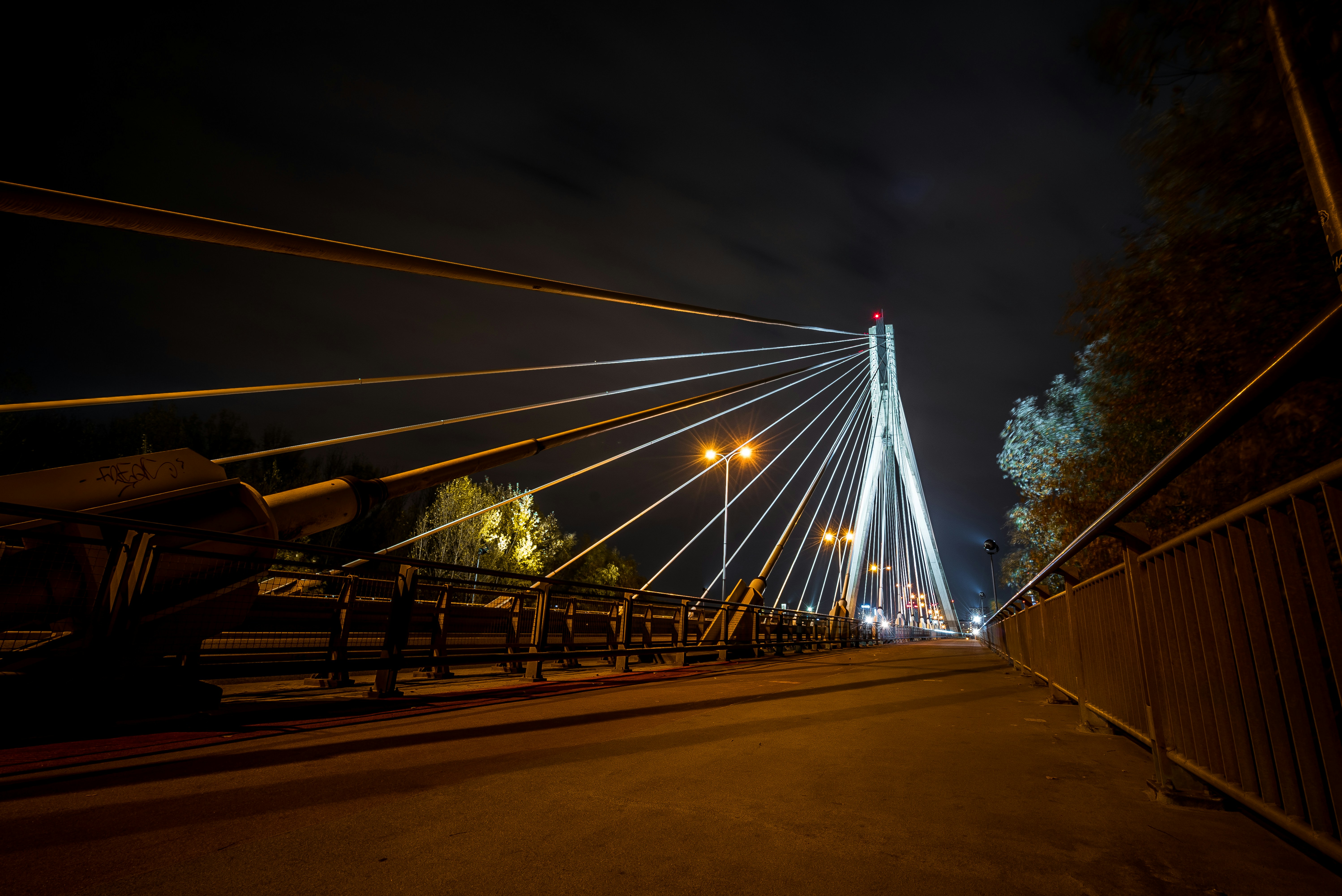 Night Threading: Pedestrian View of a Cable-Stayed Bridge