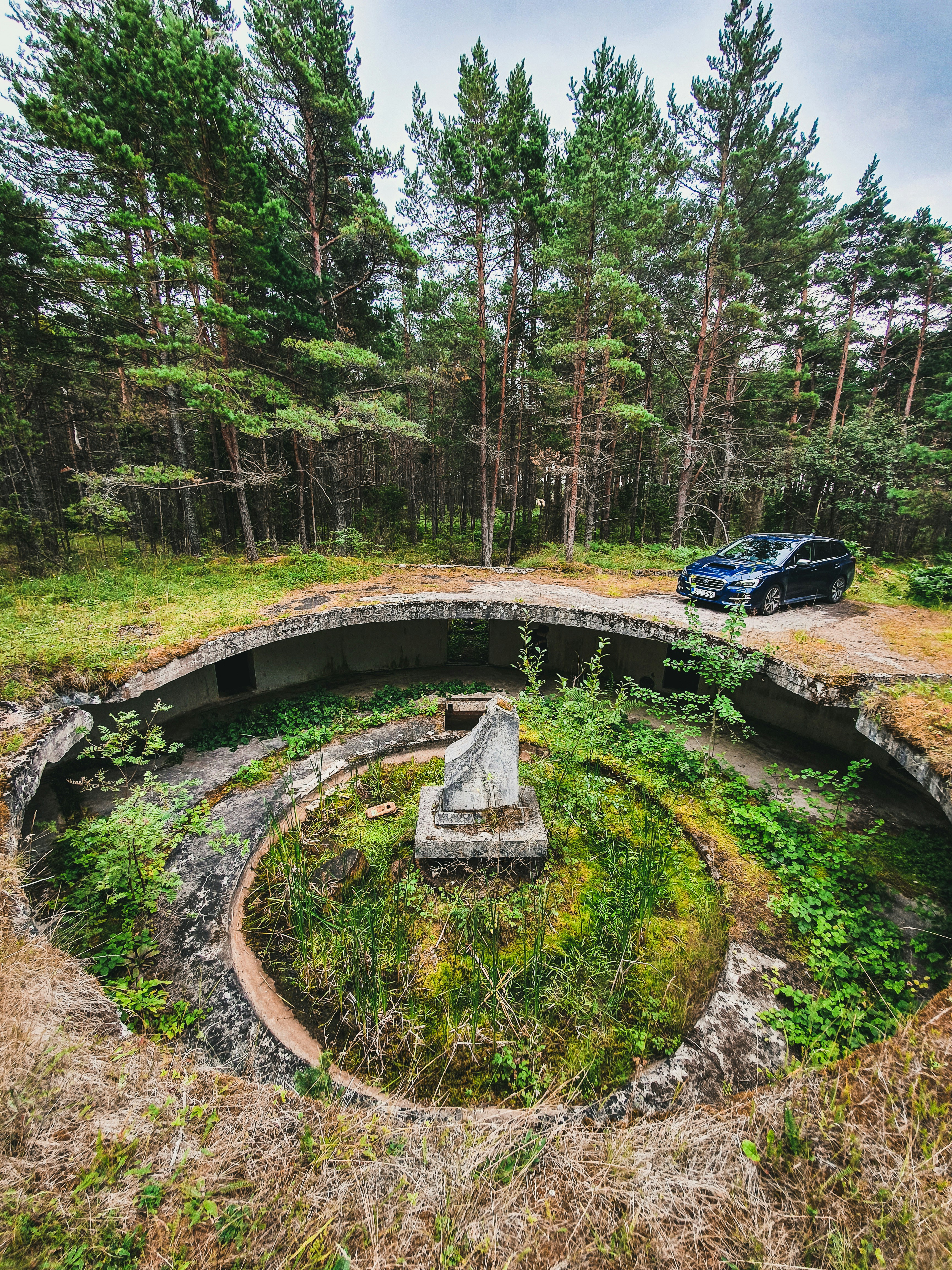 Circular ruin encircled by pines with a parked car outside