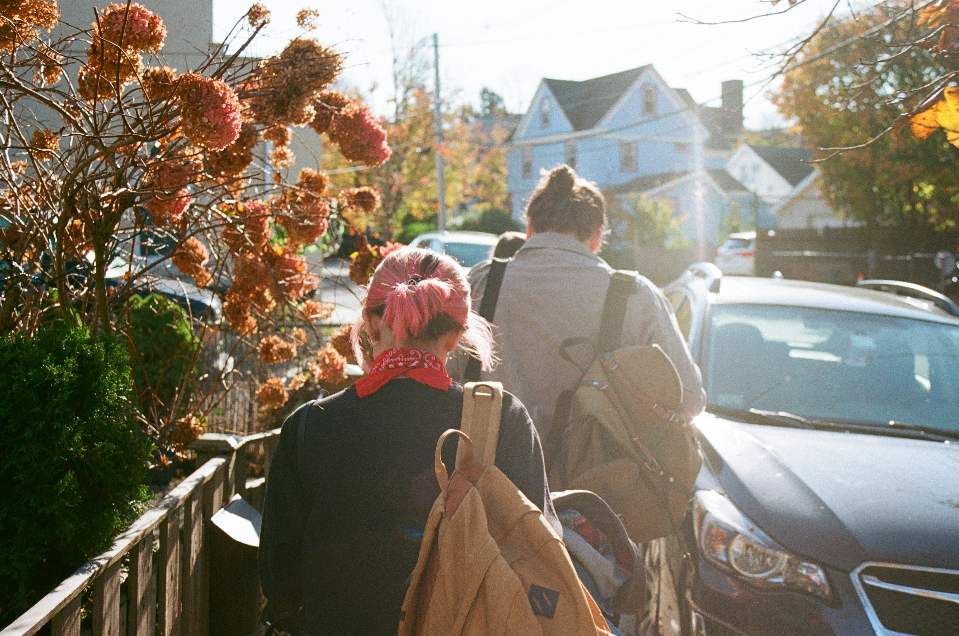 Two people walking along a sunlit street with colorful autumn foliage.