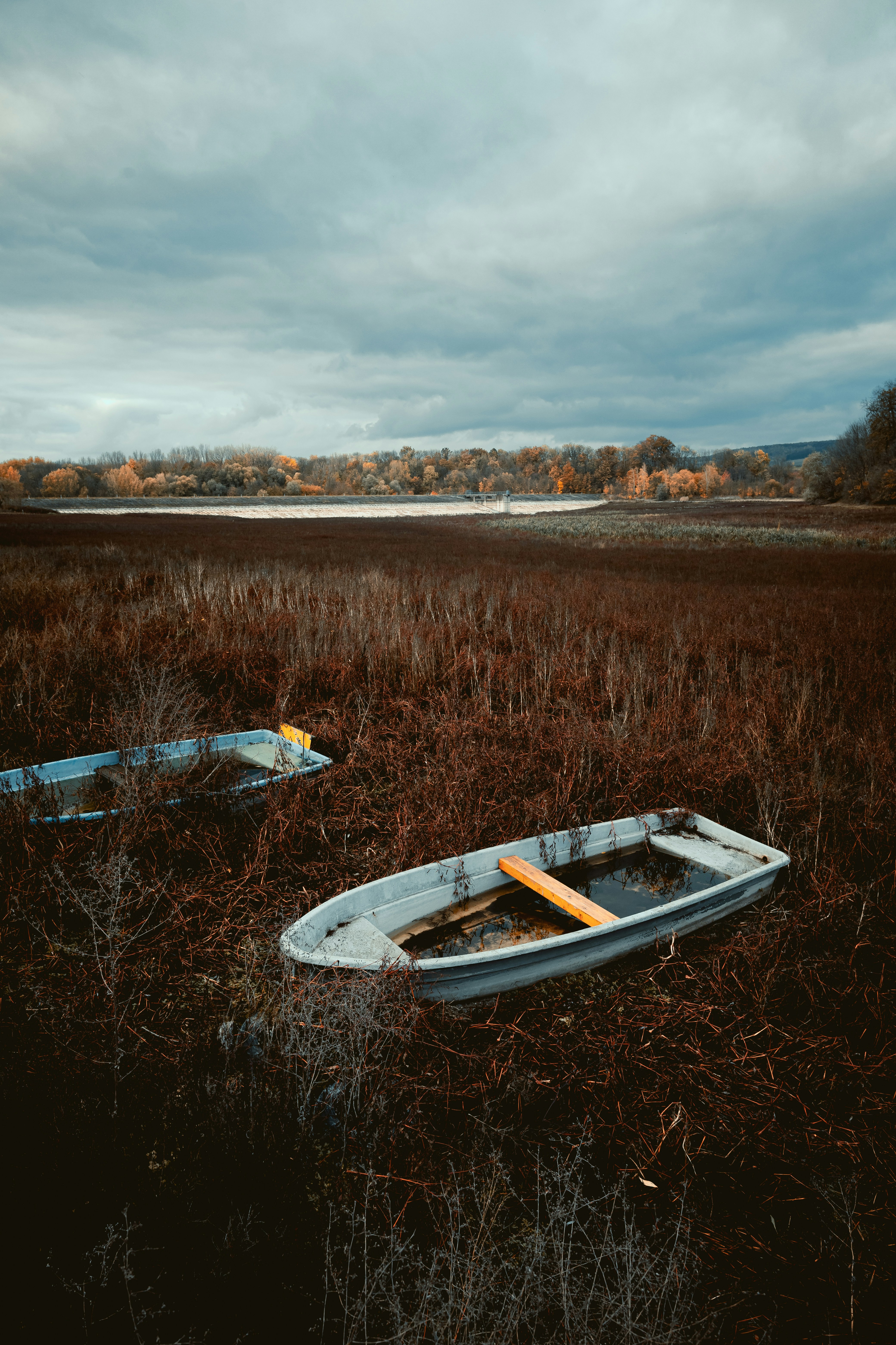blue jonboat on grass field