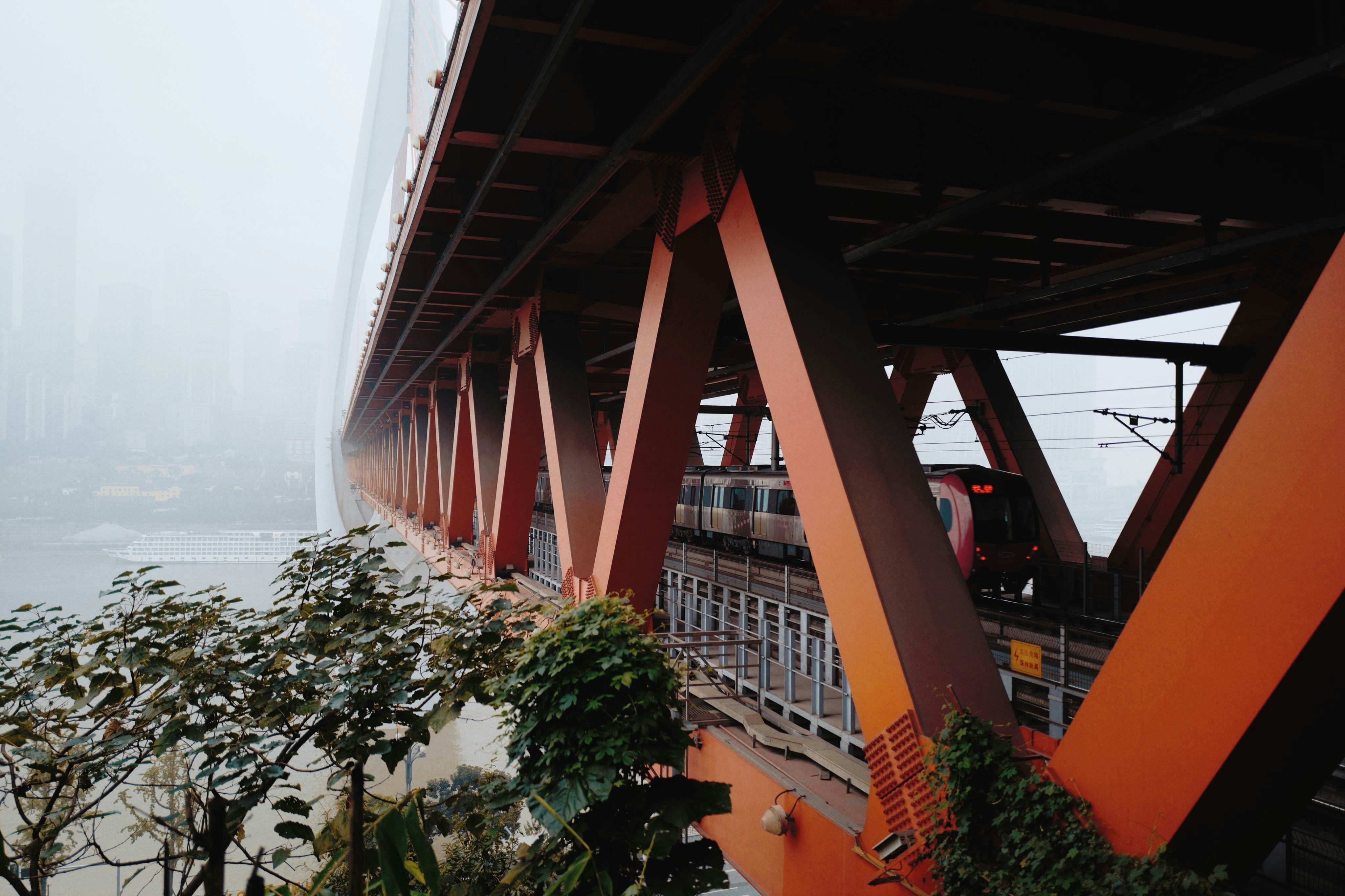 A train glides beneath a massive steel bridge, framed by lush greenery and enveloped in a misty urban landscape. The scene captures the intersection of nature and industrial architecture.