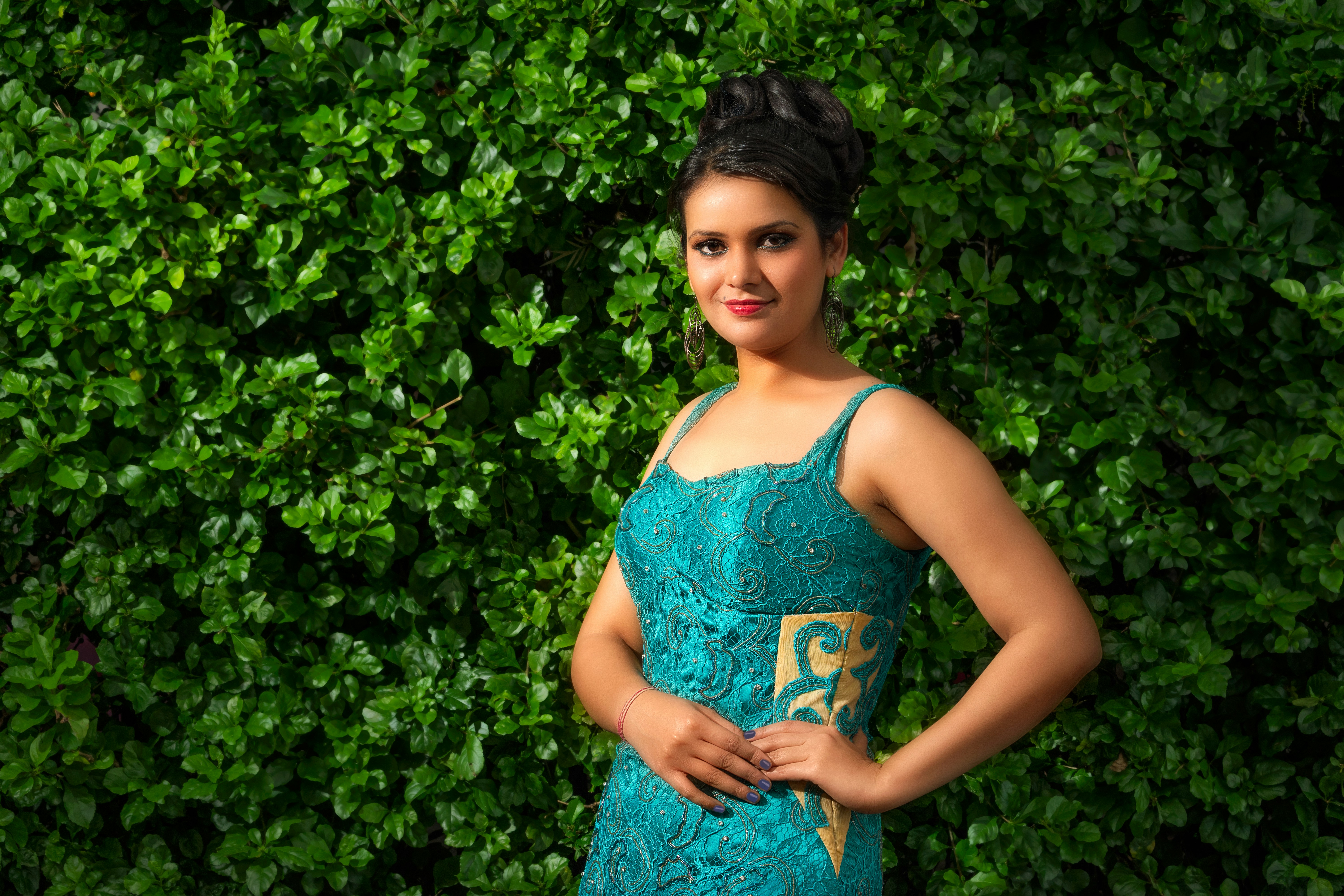 Verdant Backdrop Portrait in Teal Lace