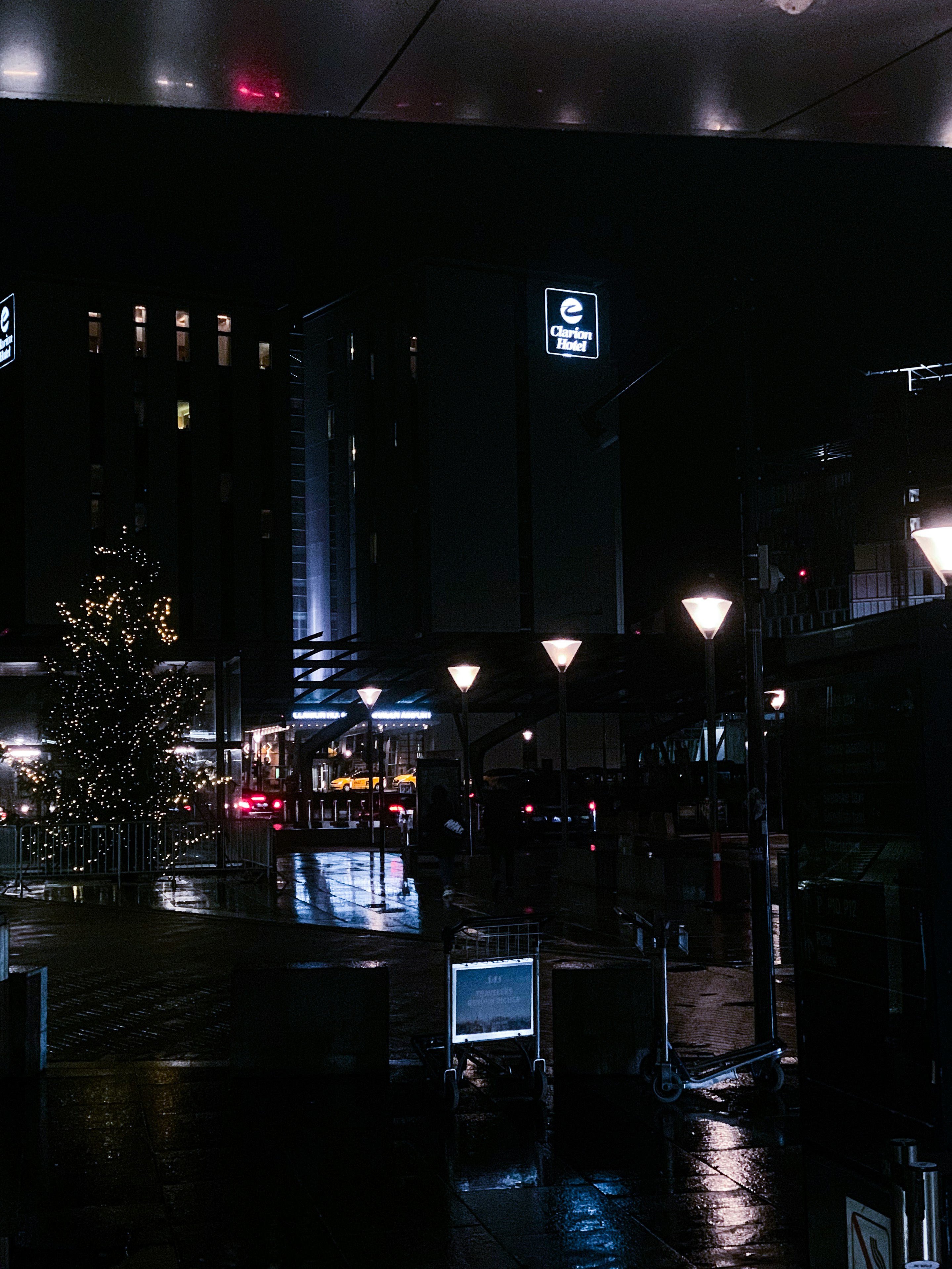 Rain-Washed Night: Christmas Tree Lights Anchor a Quiet City Square